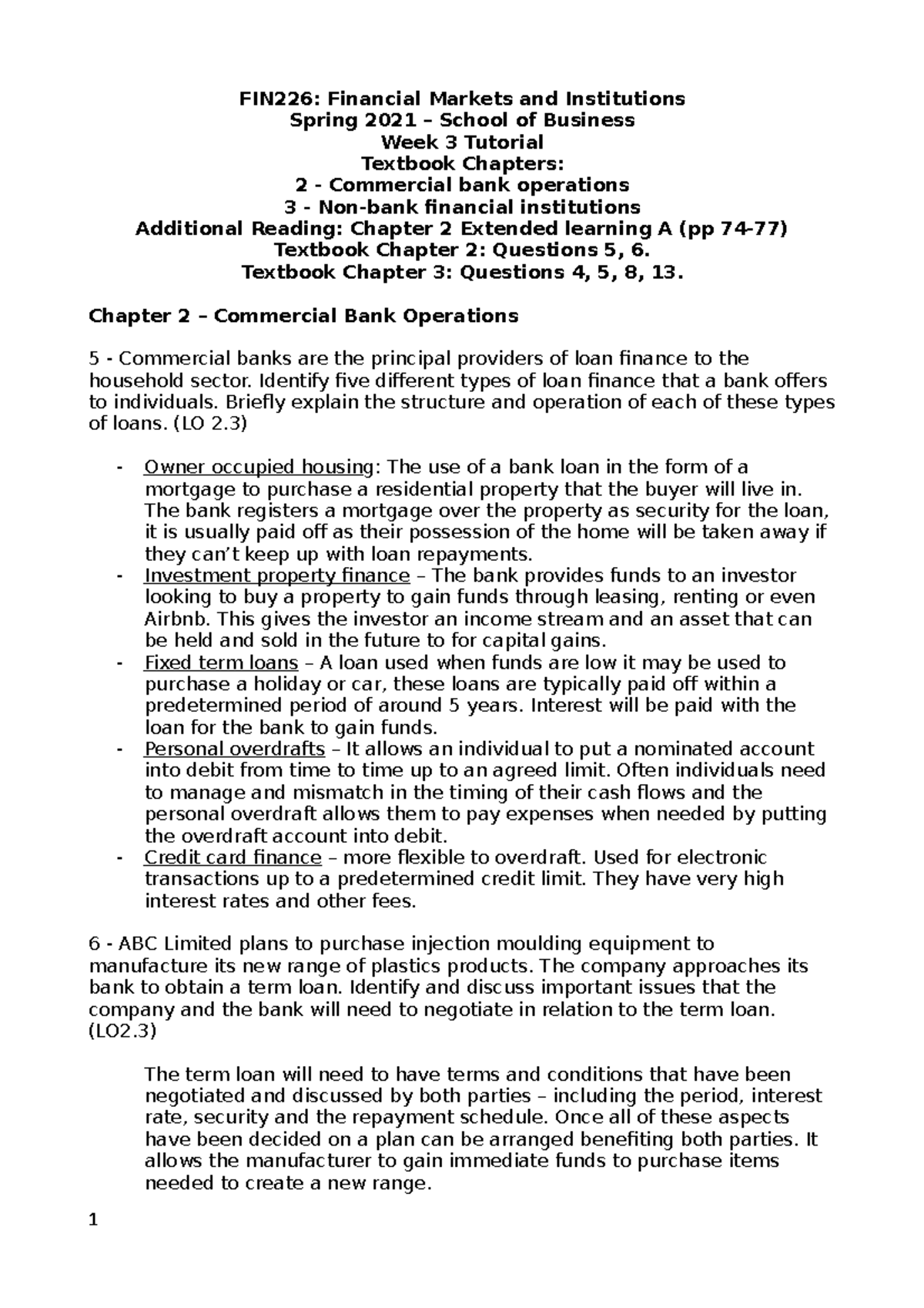 FIN226 Financial Institutions - Wk2 tutorial questions - FIN226 ...