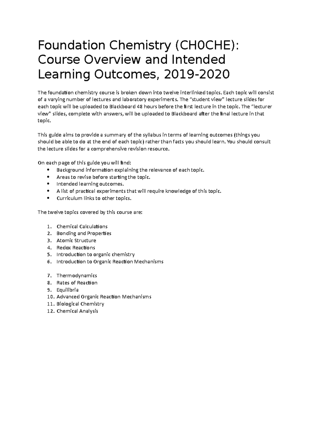 Foundation Chemistry Overview 19 20 - Foundation Chemistry (CH0CHE ...