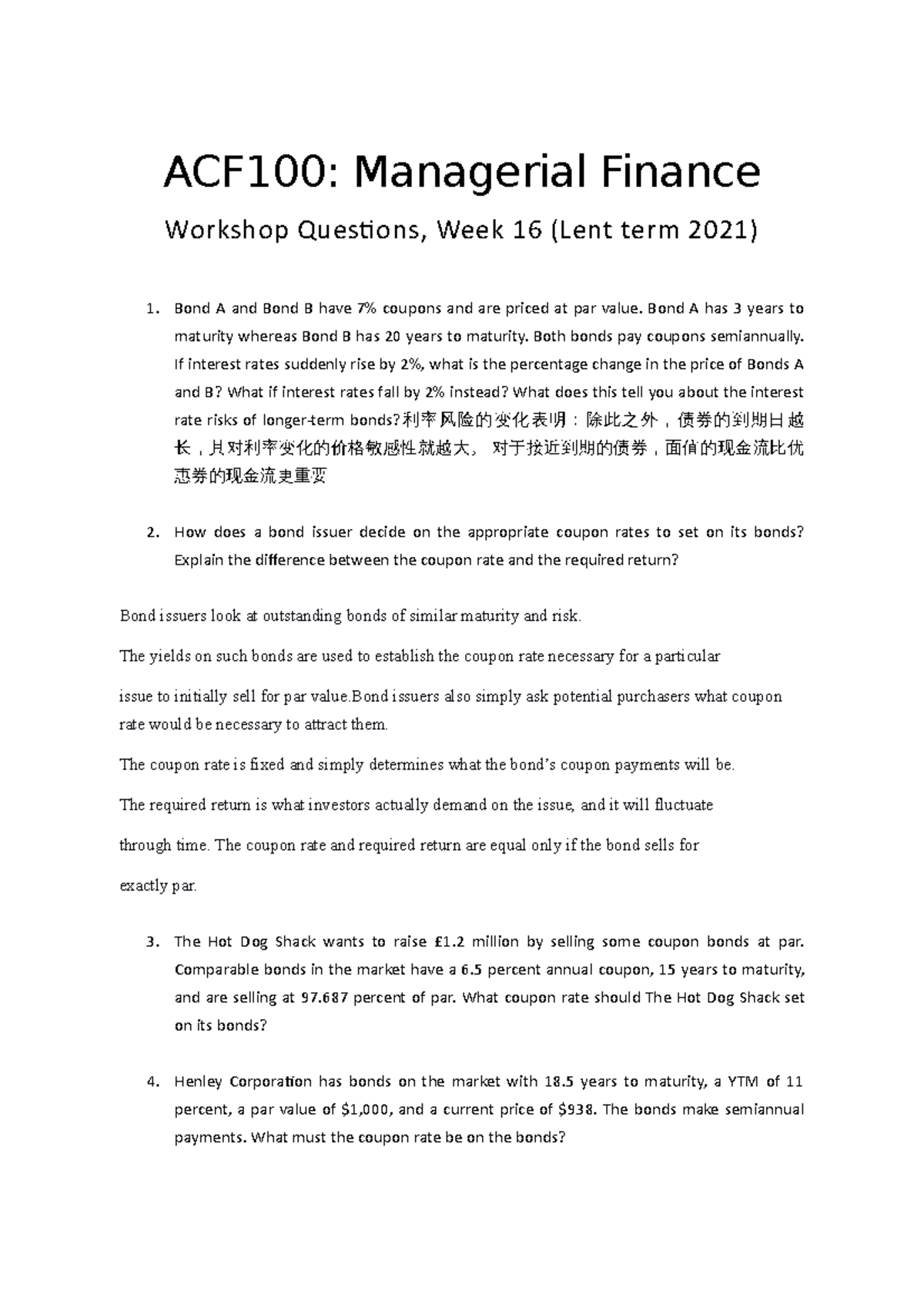 AC.F100 Workshop (b), week 16, Questions - ACF100: Managerial Finance ...