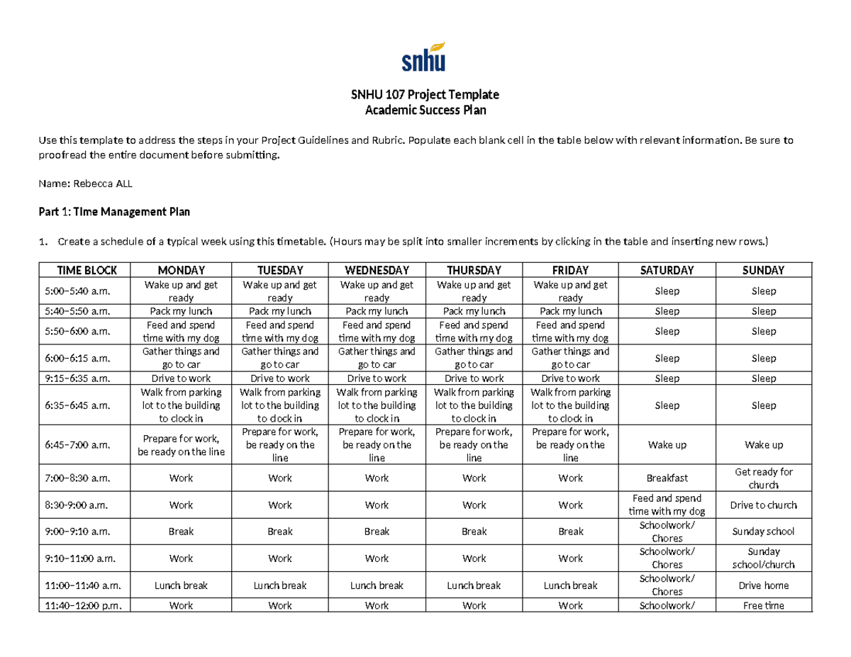 SNHU 107 Project - SNHU 107 Project Template Academic Success Plan Use ...