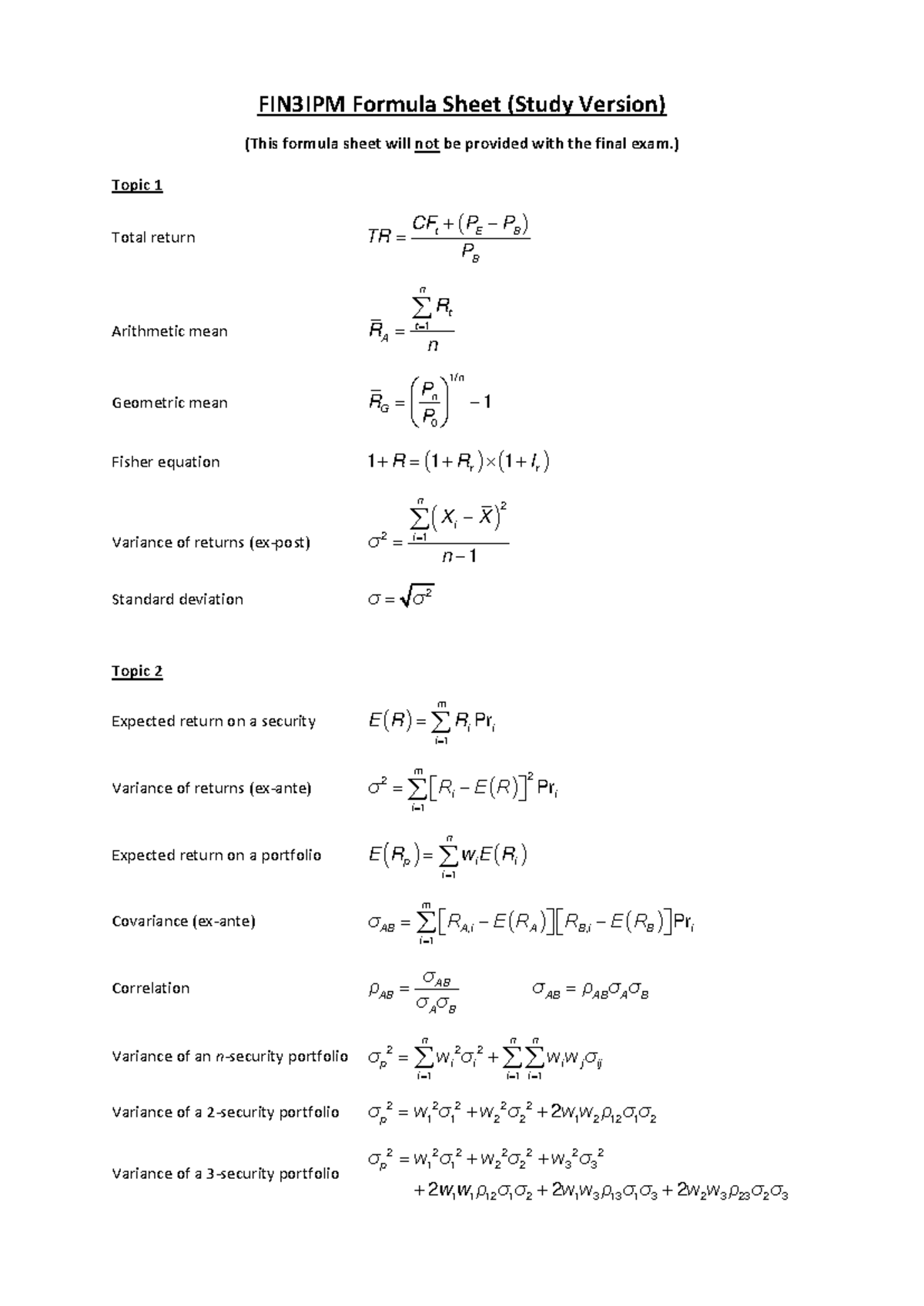 Formula Sheet - Study version - FIN3IPM Formula Sheet (Study Version ...