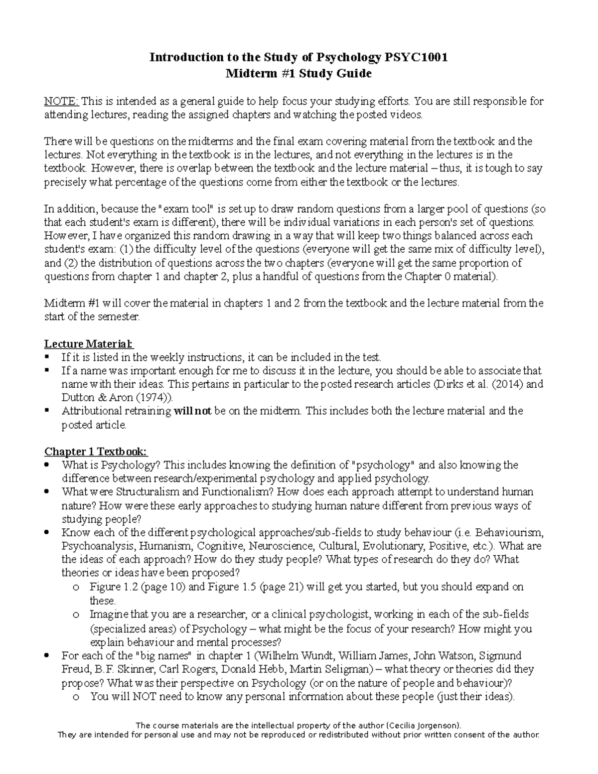 1001H Midterm 1 Study Guide 2022F - Introduction to the Study of Psychology PSYC Midterm #1 ...