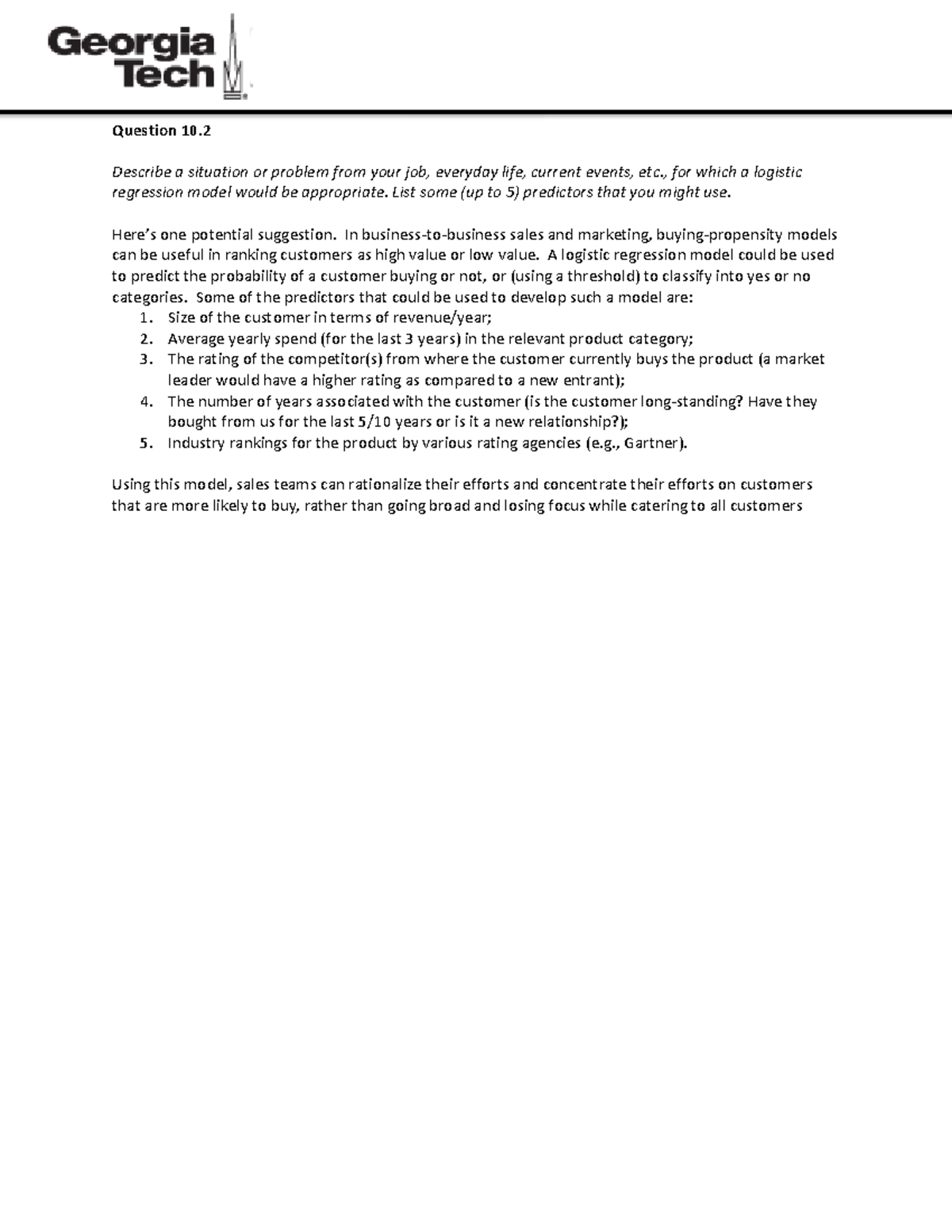 Solution 10 - hW10 - Question 10. Describe a situation or problem from ...