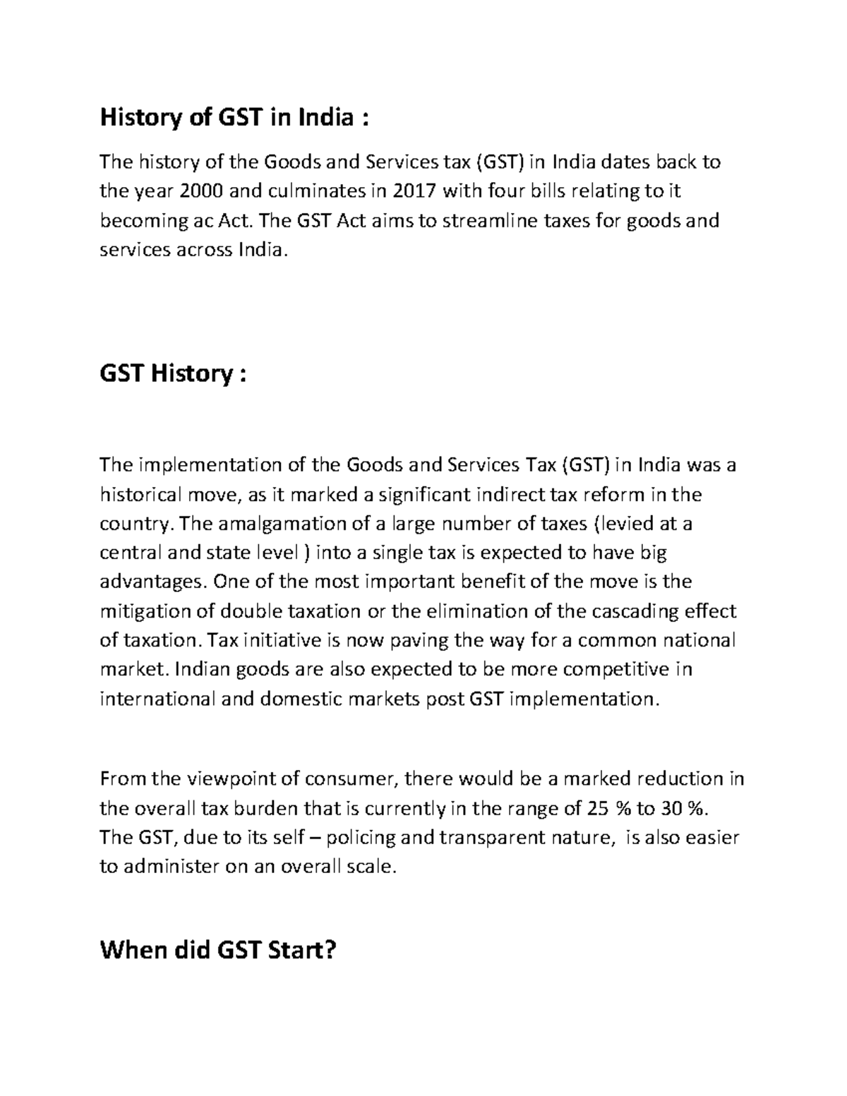 Document Gst Brief Notes History Of GST In India The History Of