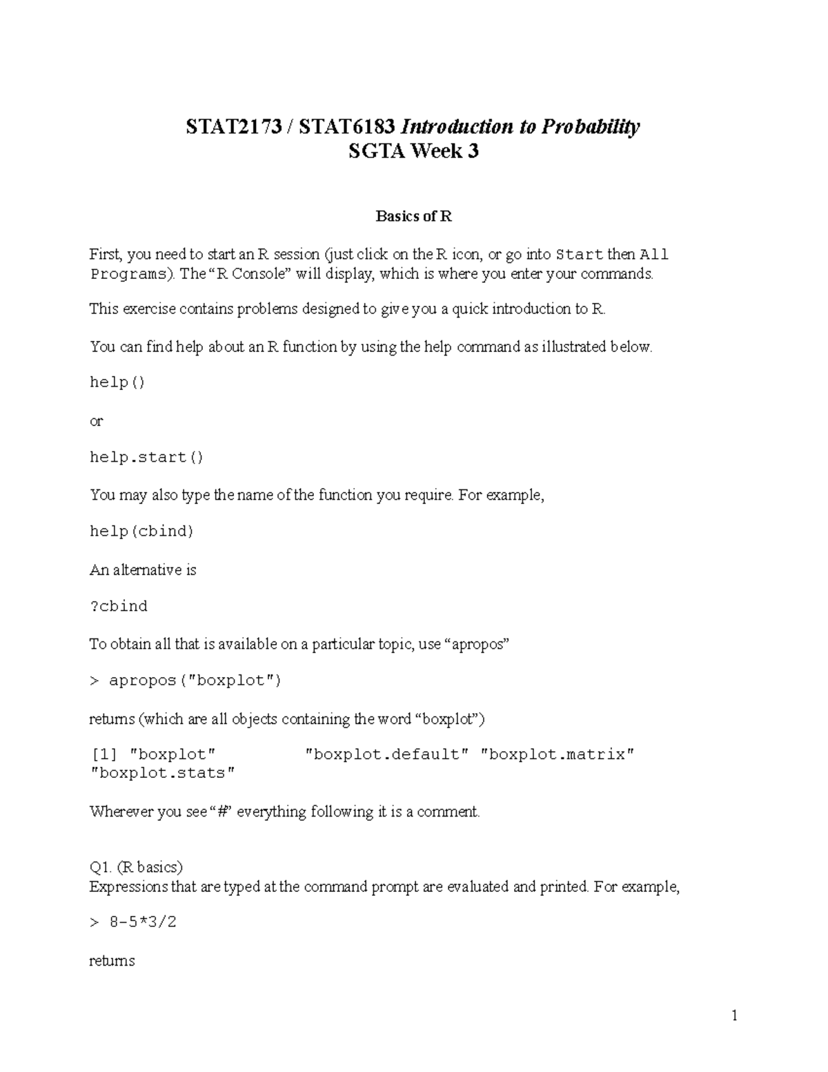 STAT2173 6183 tut week3 - STAT2173 / STAT6183 Introduction to ...