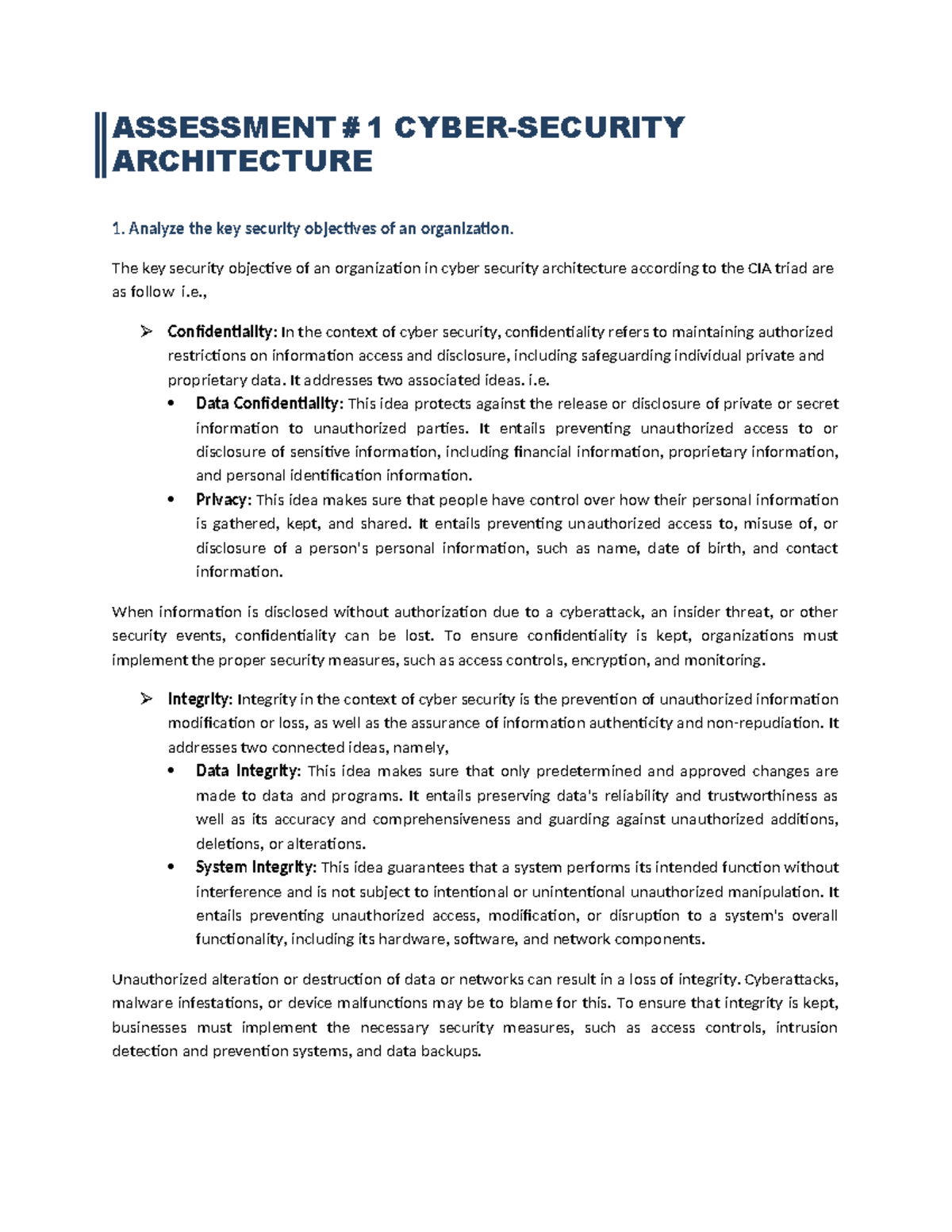 Assinment-1 Cybersecurity Architecture - ASSESSMENT # 1 CYBER-SECURITY ...