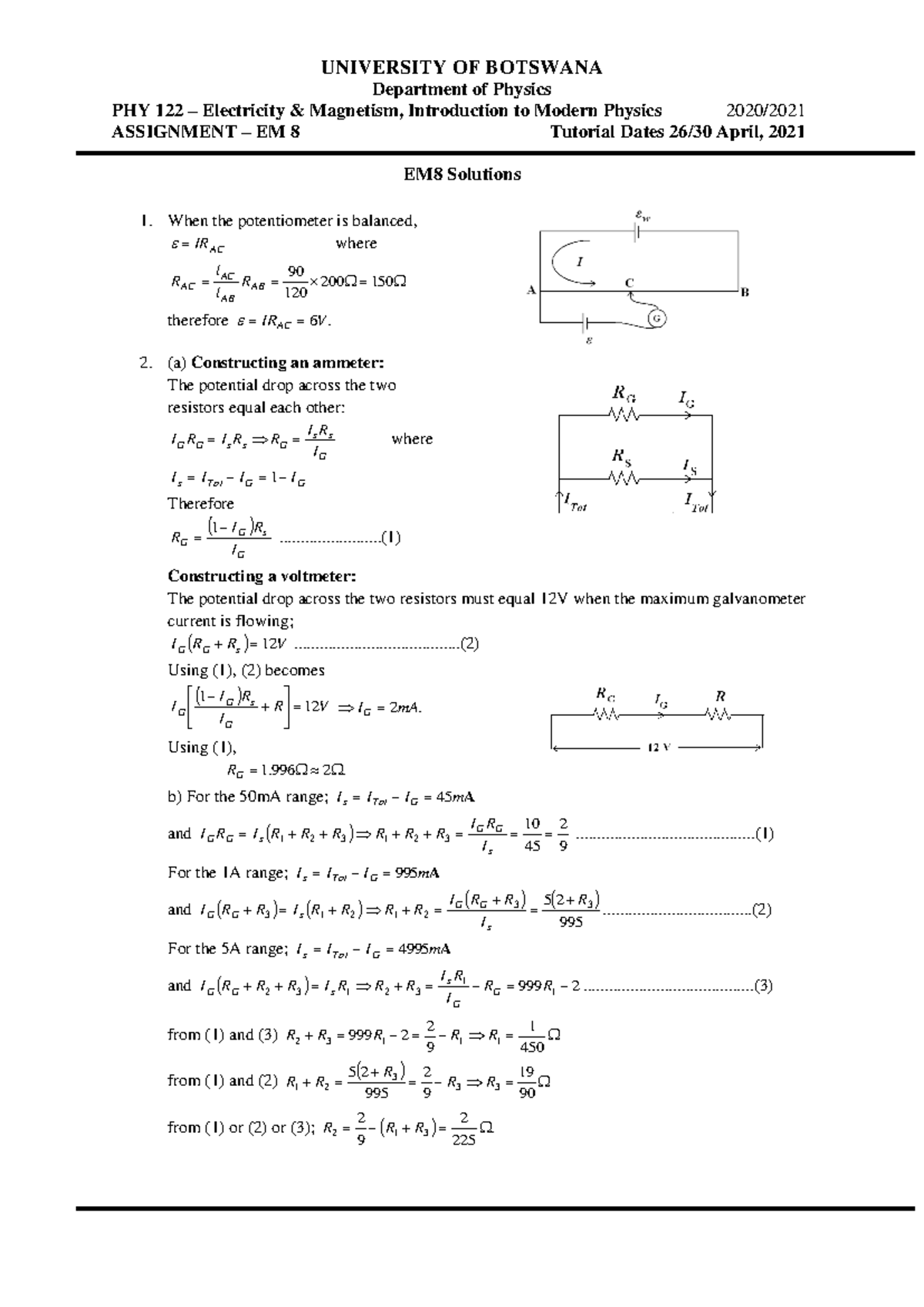 PHY122 EM8 2021 solns - phy solutions - UNIVERSITY OF BOTSWANA Department of Physics PHY 122 ...