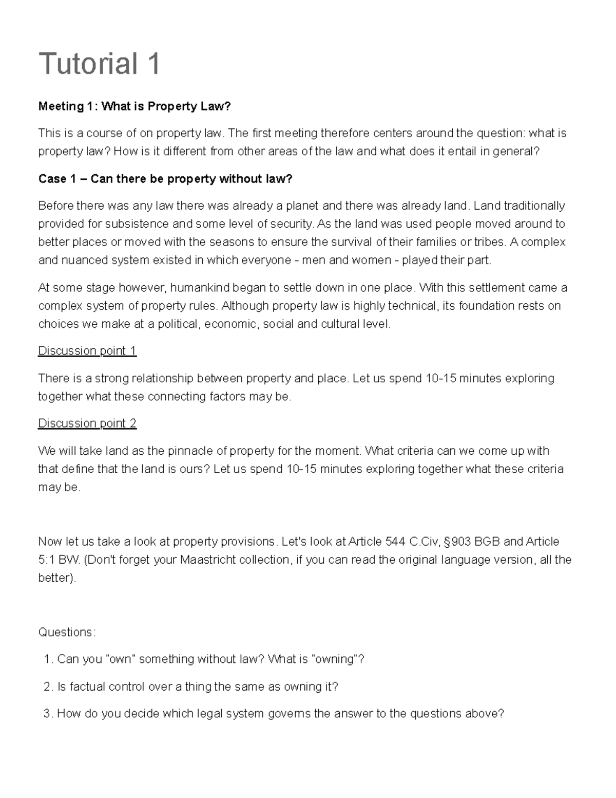 Tutorial 1 Comparative Property Law (2324-PRI3009) - Tutorial 1 Meeting 1: What is Property Law ...