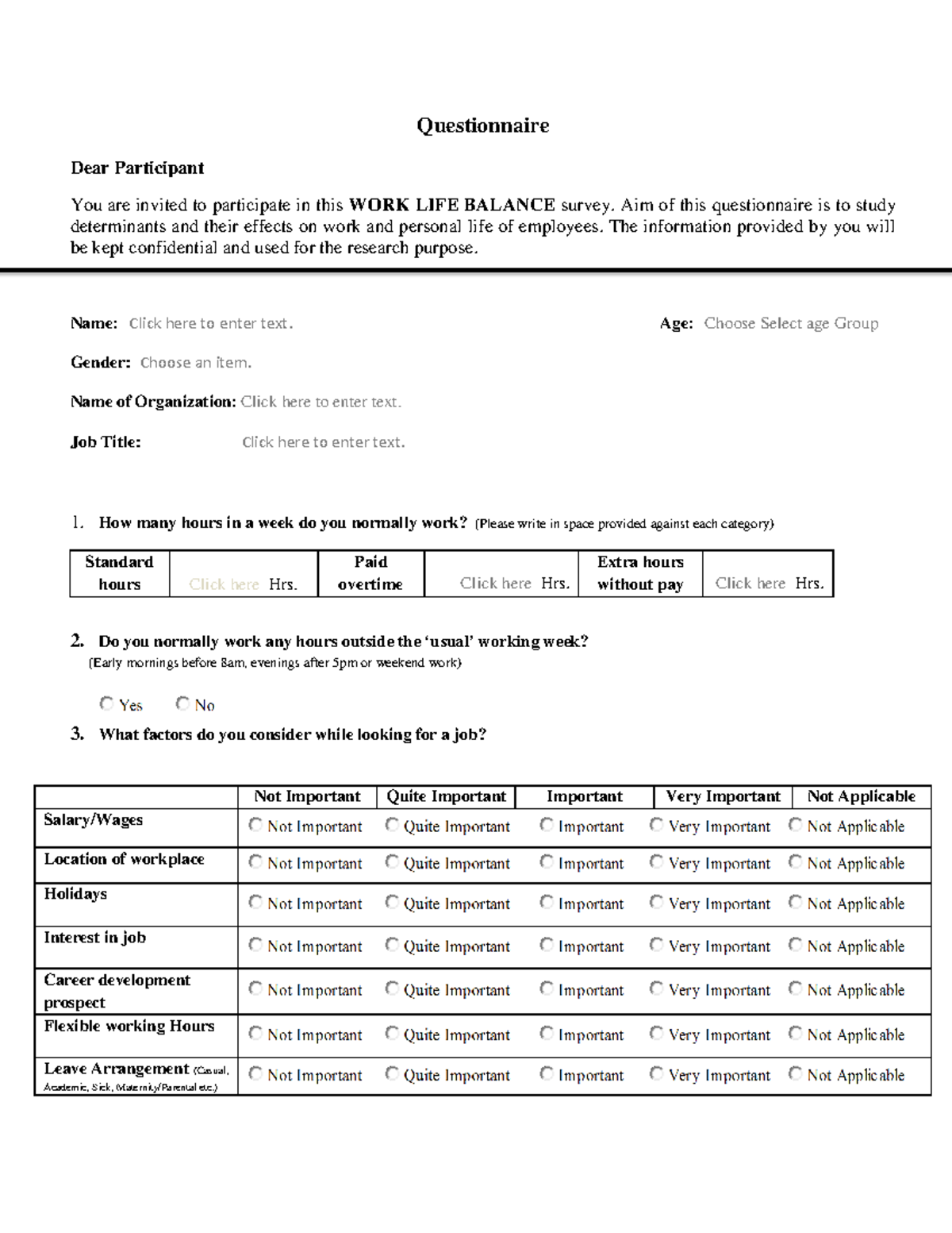 Work Life Balance Questionnaire final - Questionnaire Dear Participant ...