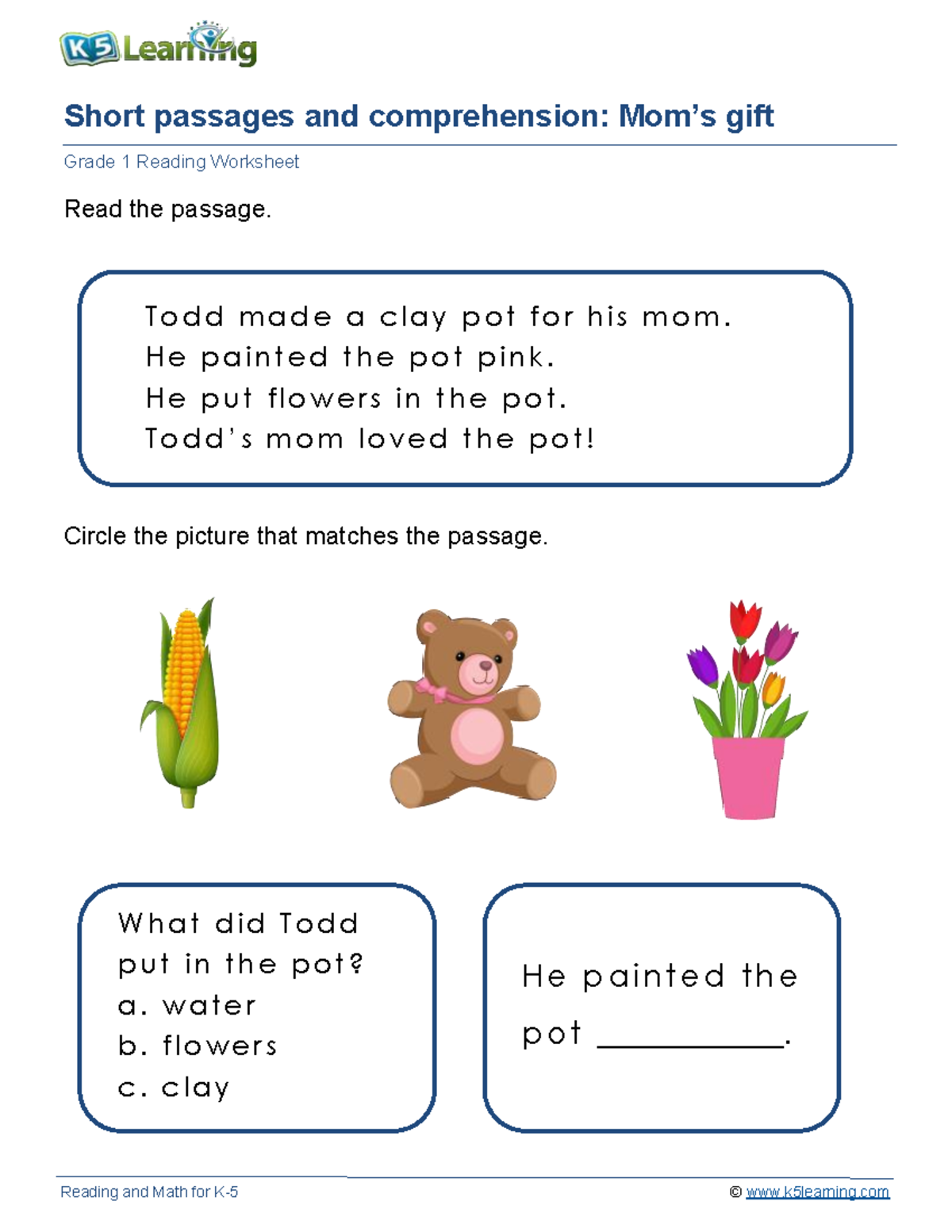 Grade 1 short passages c - Reading and Math for K- 5 © k5learning Short ...