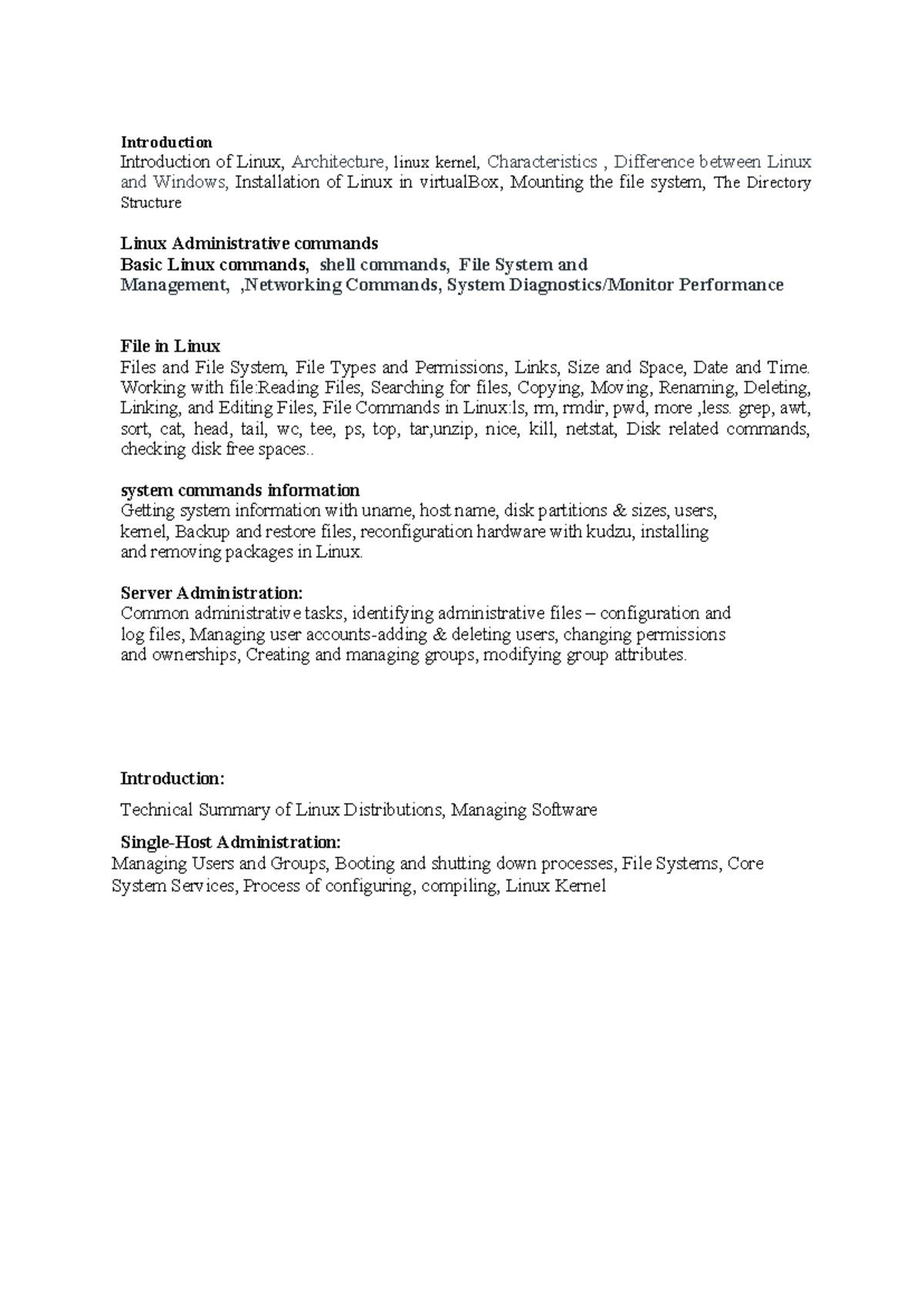 Linux syllabus new - Introduction Introduction of Linux, Architecture ...