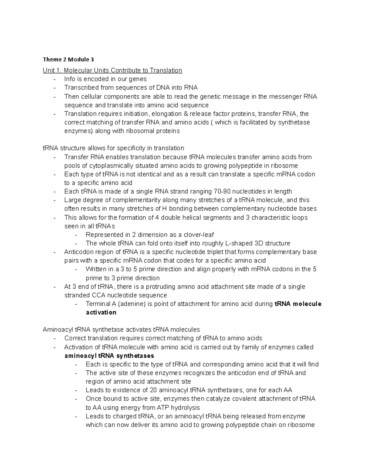 Biology Module Notes - Theme 2 Module 3 Unit 1: Molecular Units ...