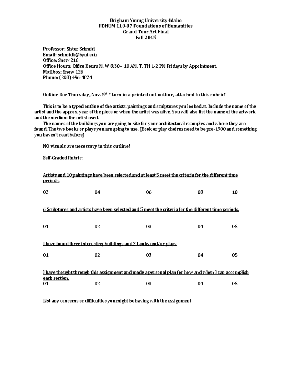 Art Outline Rubric 07 - FDHUM 110 - Brigham Young FDHUM Foundations of ...