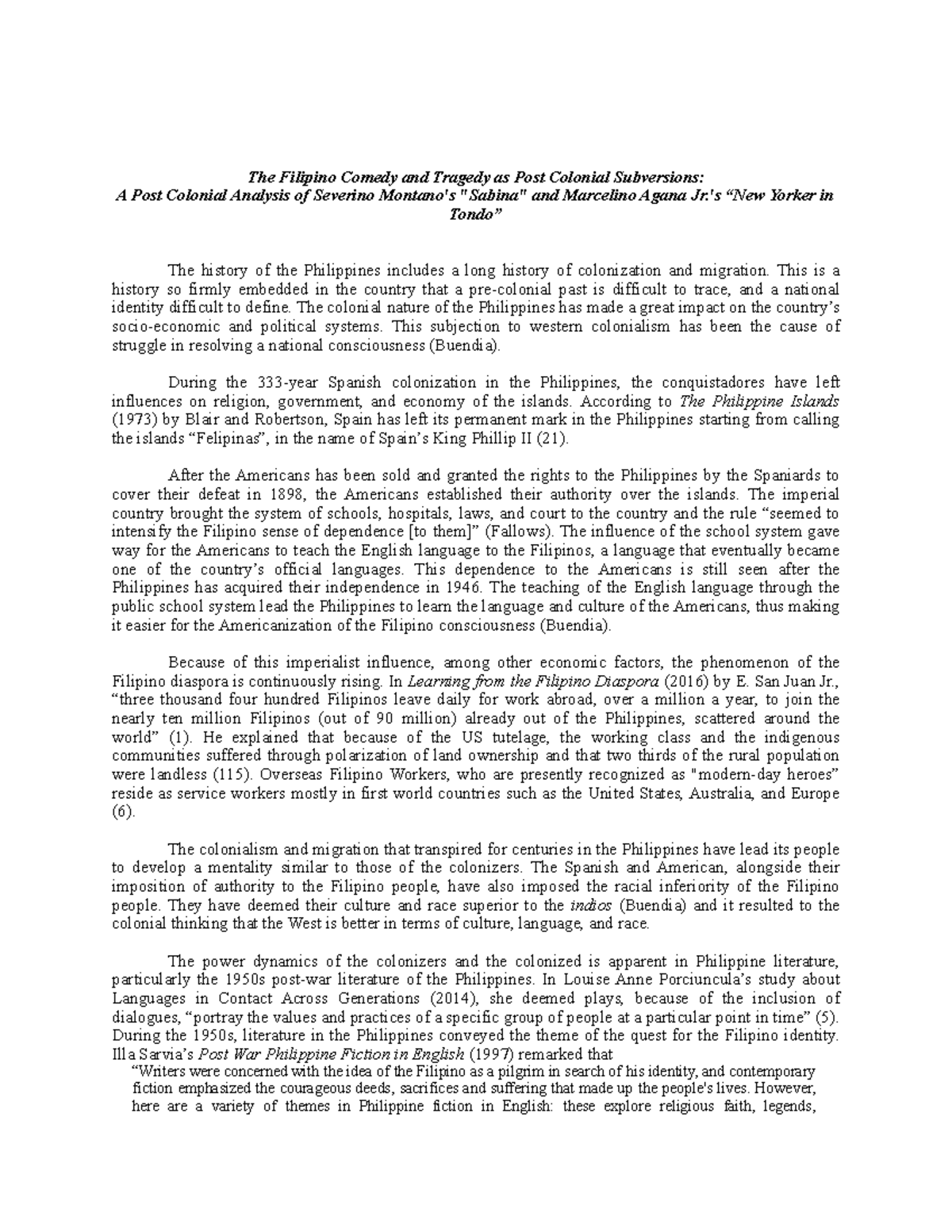 The Filipino Comedy and Tragedy as Post Colonial Subversions: A Post ...