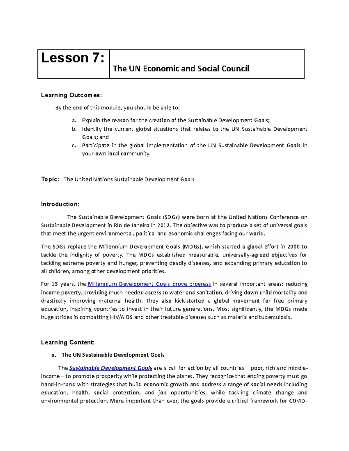 Lesson 7 UN Sustainable Development Goals - Lesson 7: The UN Economic ...