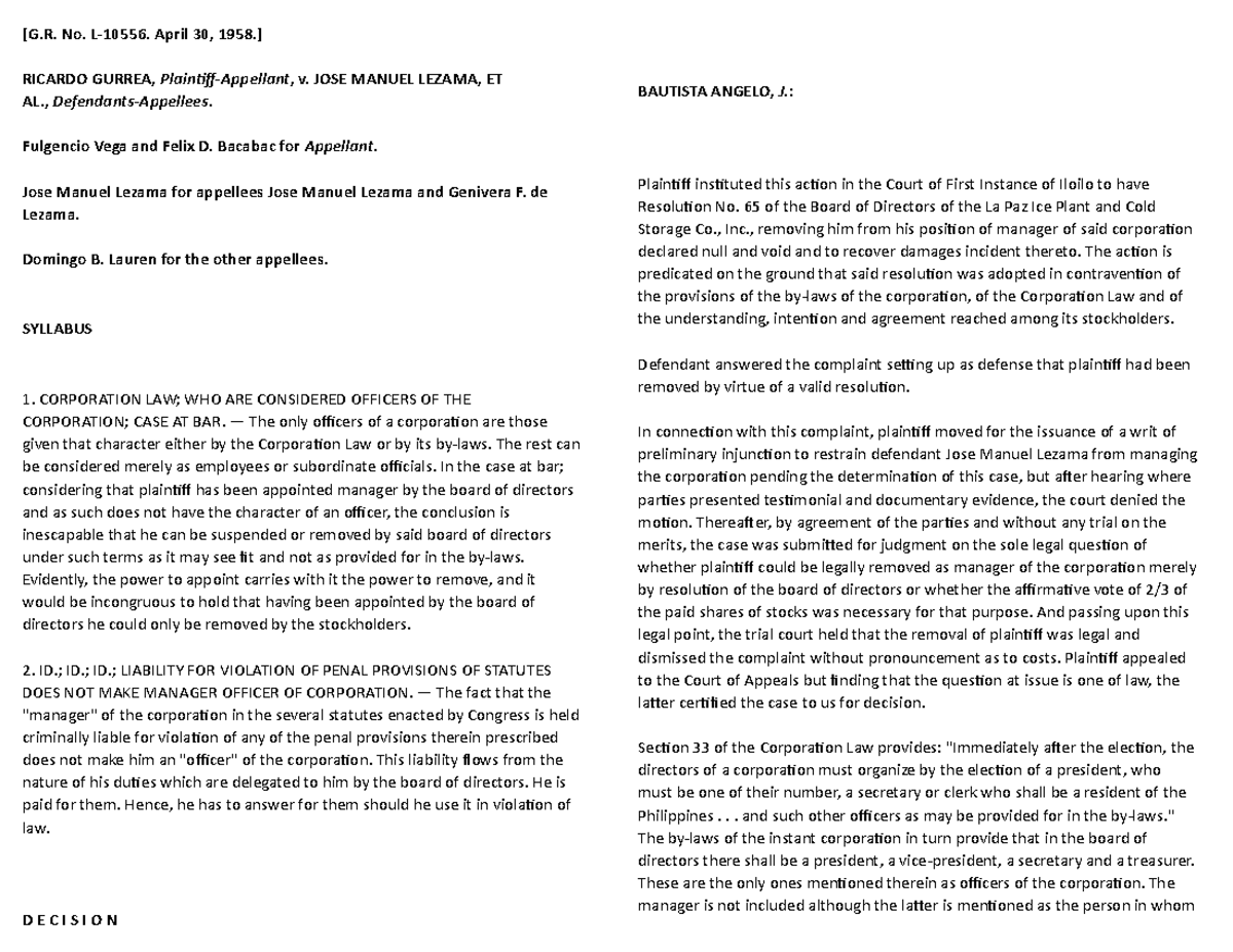 Gurrea vs. Lezama, 103 PHIL 553 (1958) - [G. No. L-10556. April 30 ...