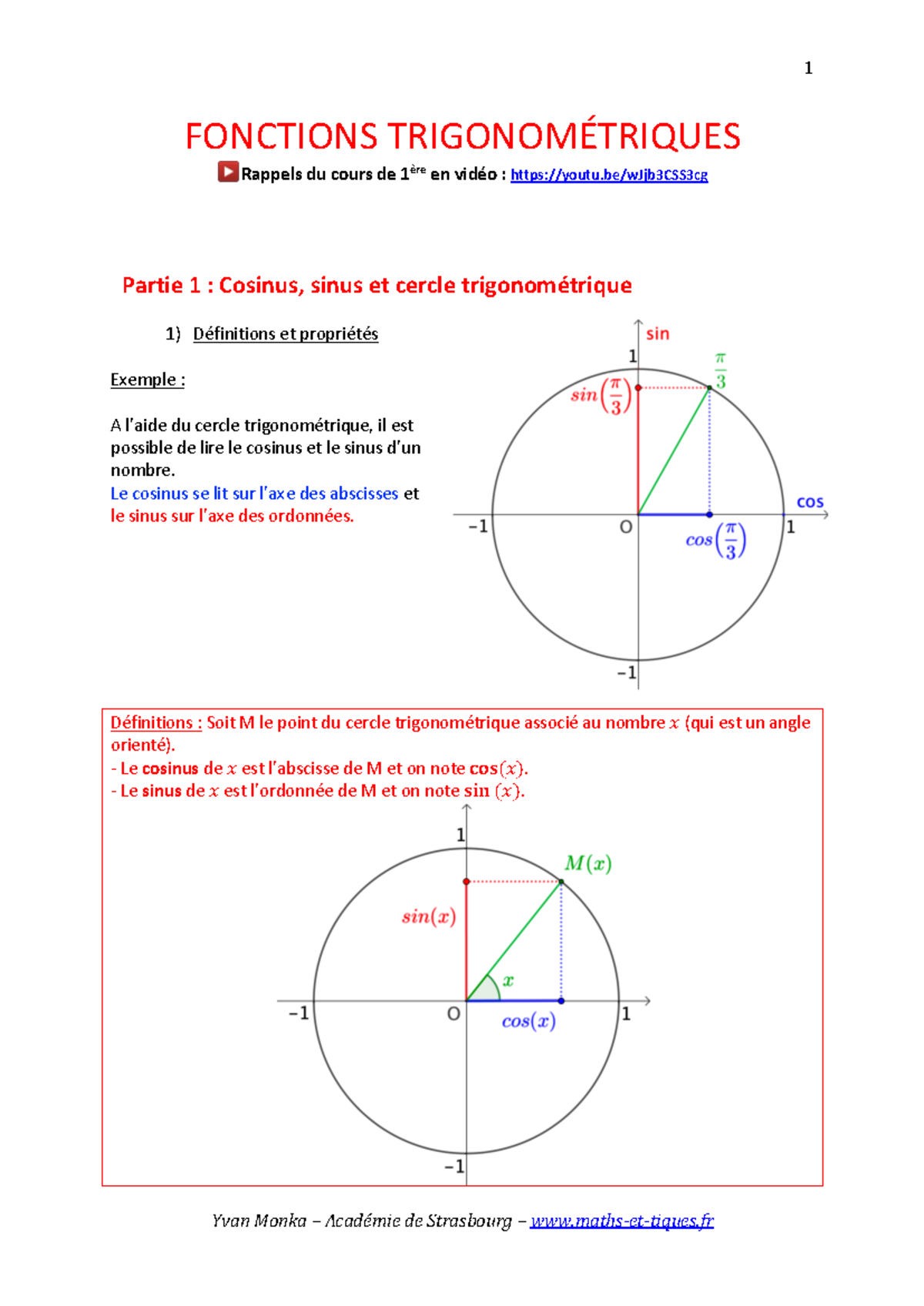 Cours de Trigonométrie - FONCTIONS TRIGONOMÉTRIQUES Rappels du cours de 1 ère en vidéo : - Studocu