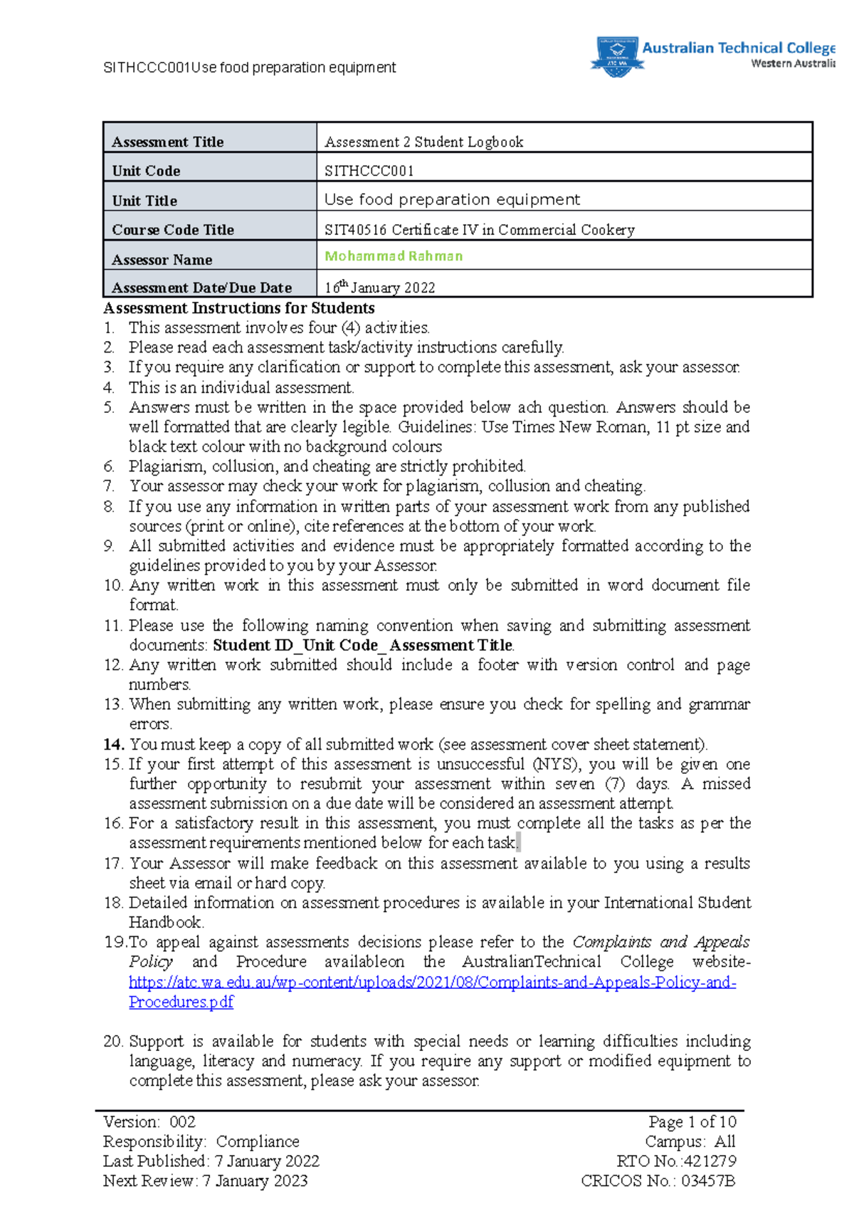 Assessment 2 Student Logbook - Assessment Title Assessment 2 Student ...