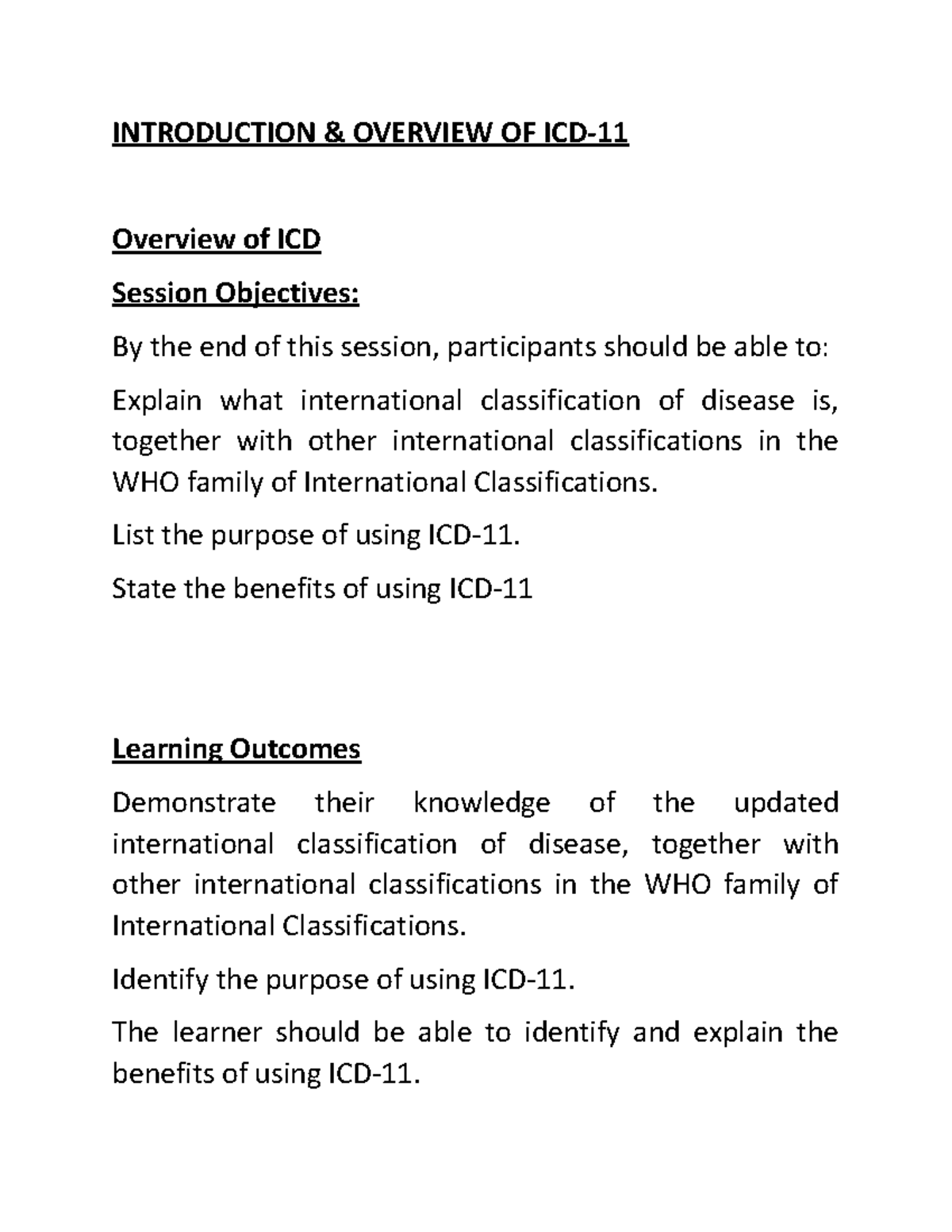 ICD 11 - Summary notes - INTRODUCTION & OVERVIEW OF ICD- Overview of ...