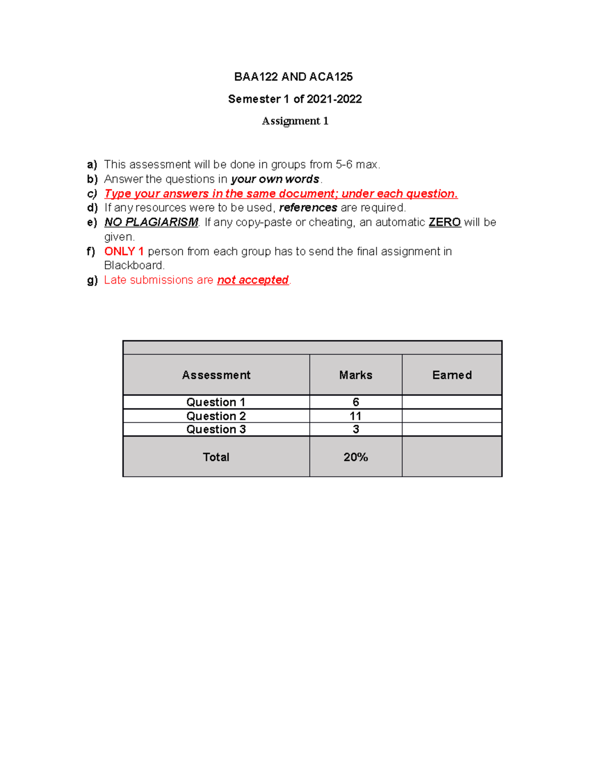 Assignment 1 (chatper 1 and 2) - BAA122 AND ACA Semester 1 of 2021 ...