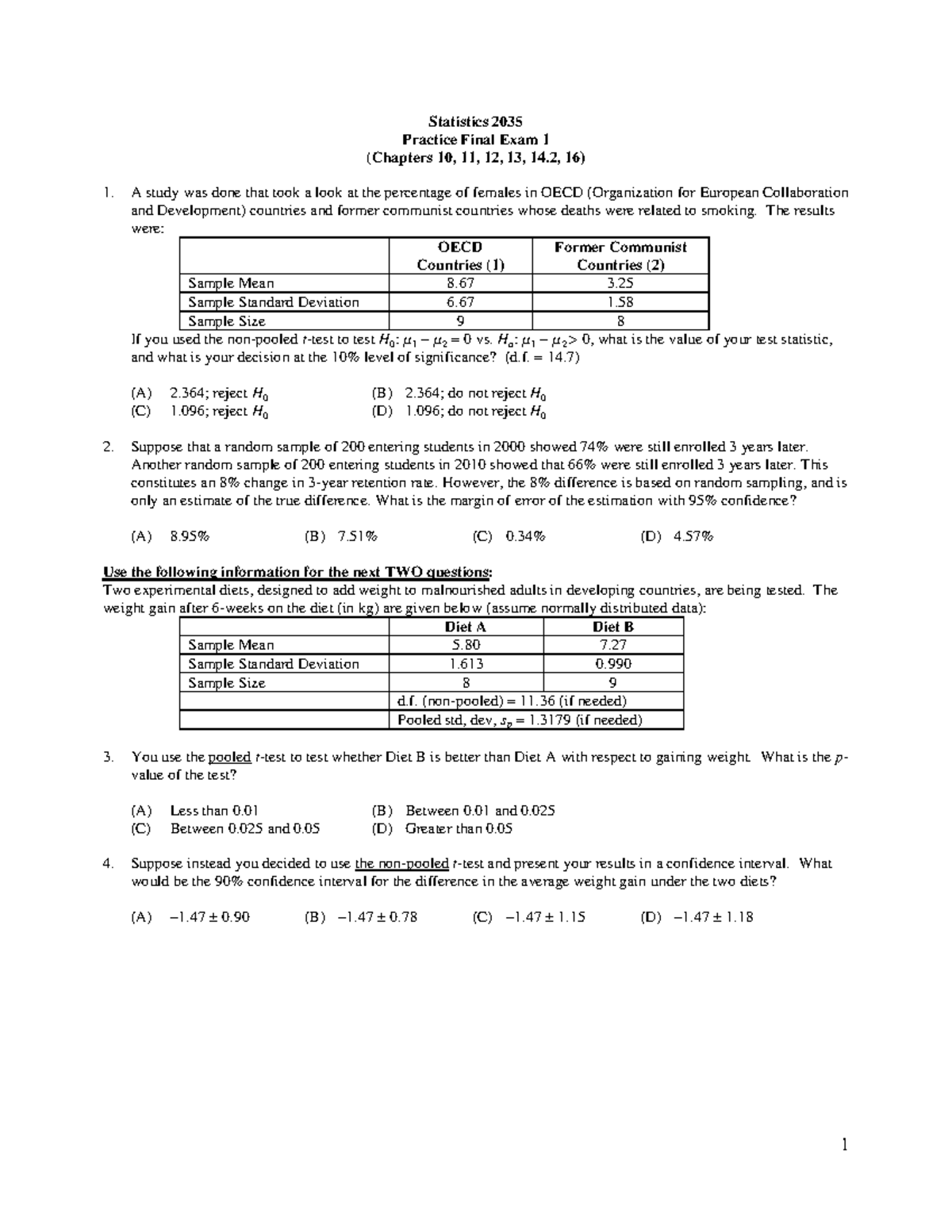01. Practice Final Exam 1 - STATS 2035 - UWO - Studocu