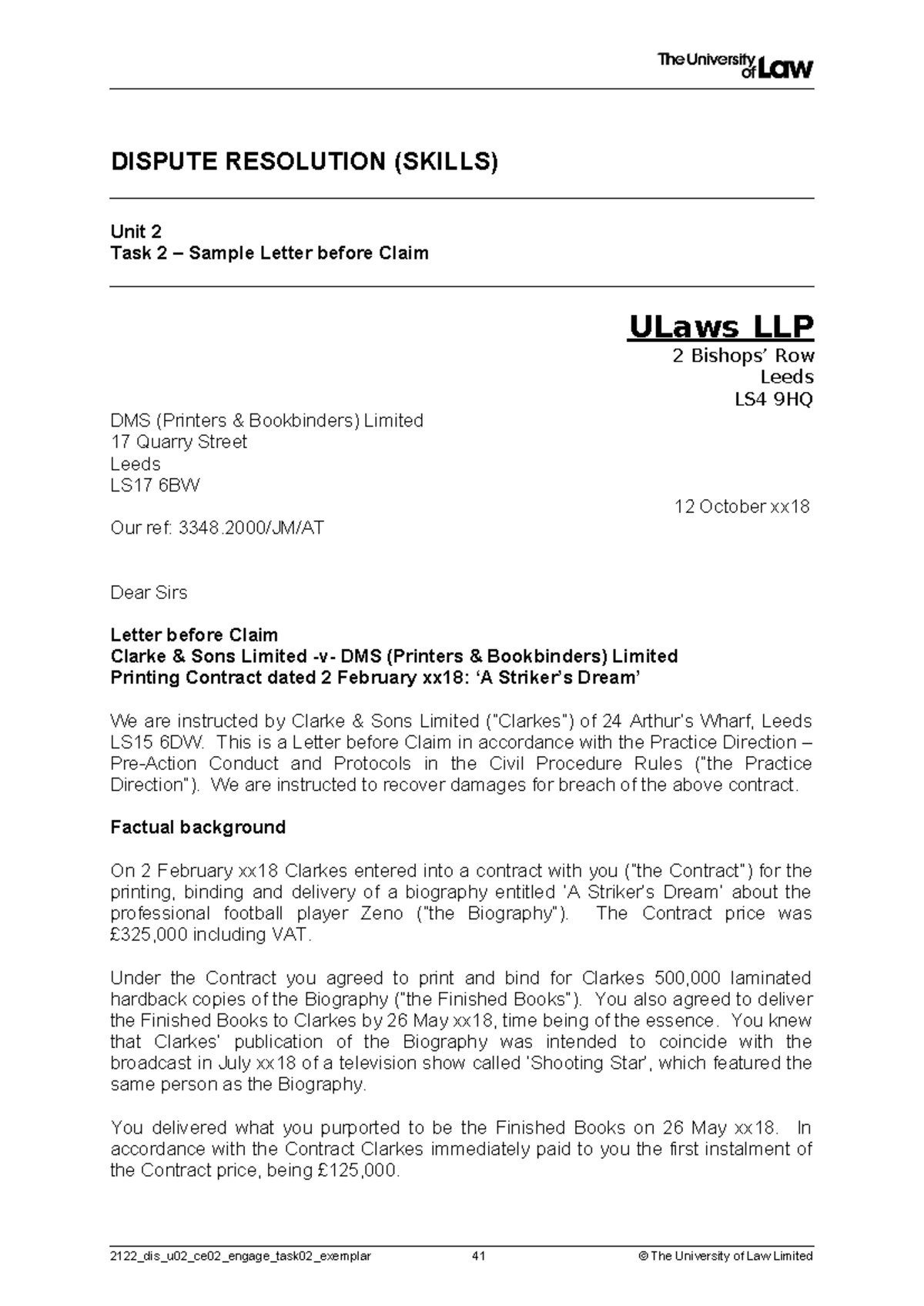 Letter of claim example - DISPUTE RESOLUTION (SKILLS) Unit 2 Task 2 ...