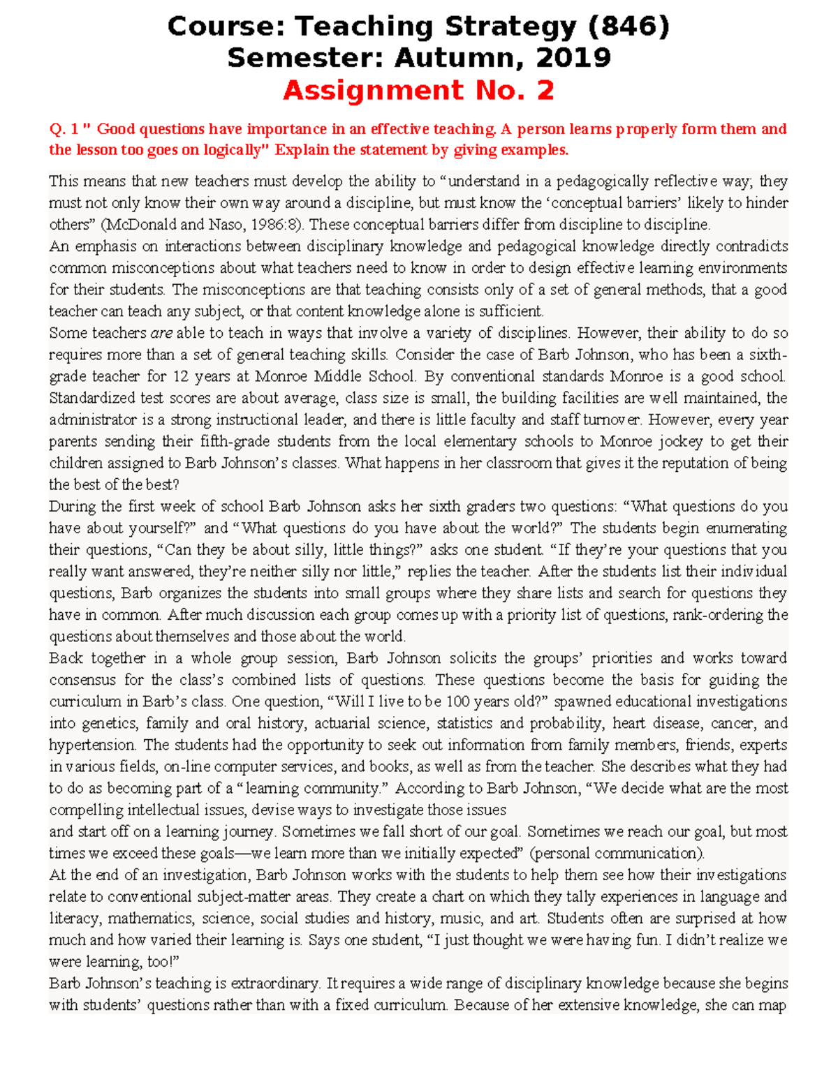 846-2 - Assignment Solution - Semester: Autumn, 2019 Assignment No. 2 Q. 1 " Good questions ...