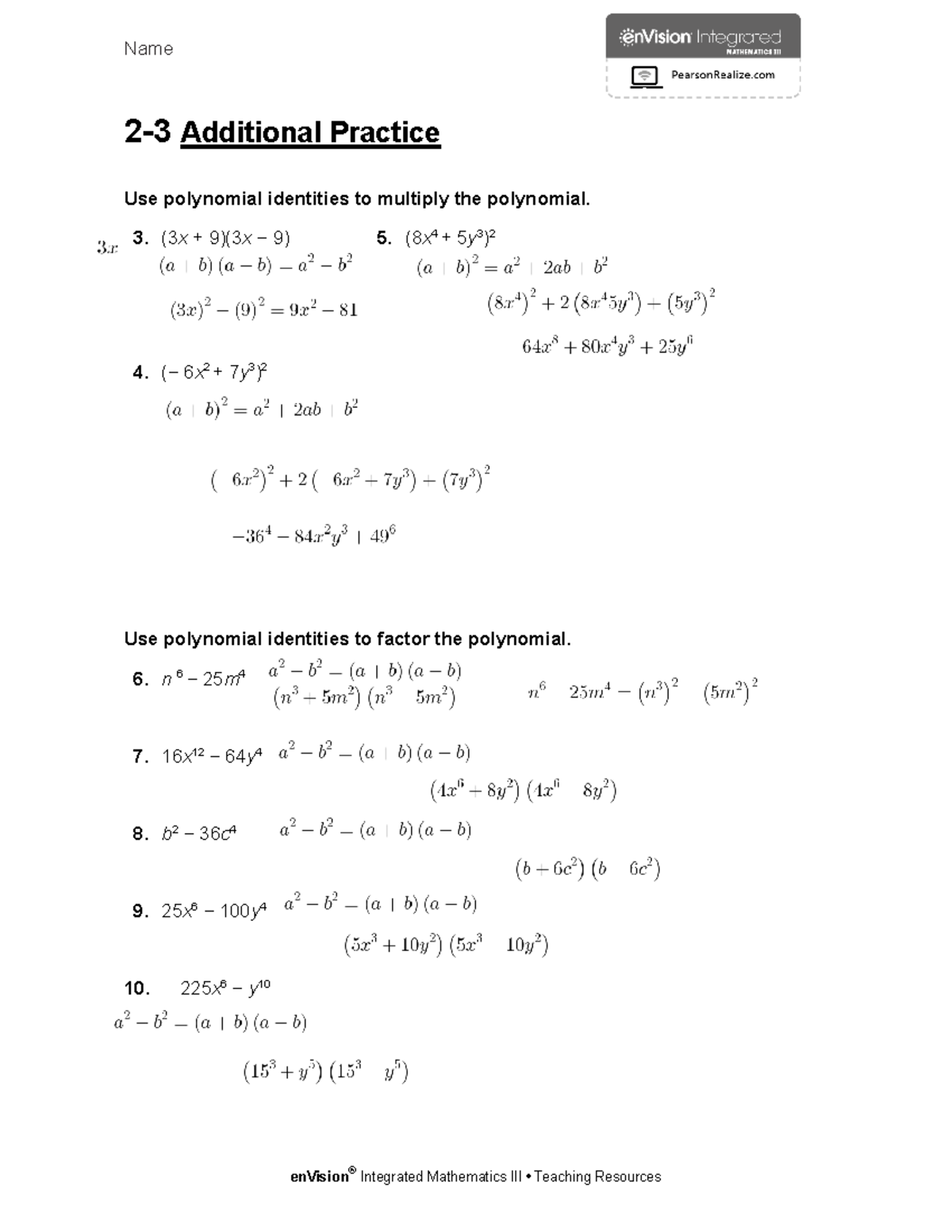 2.3 Practice answers idk - Name 2-3 Additional Practice Use polynomial ...