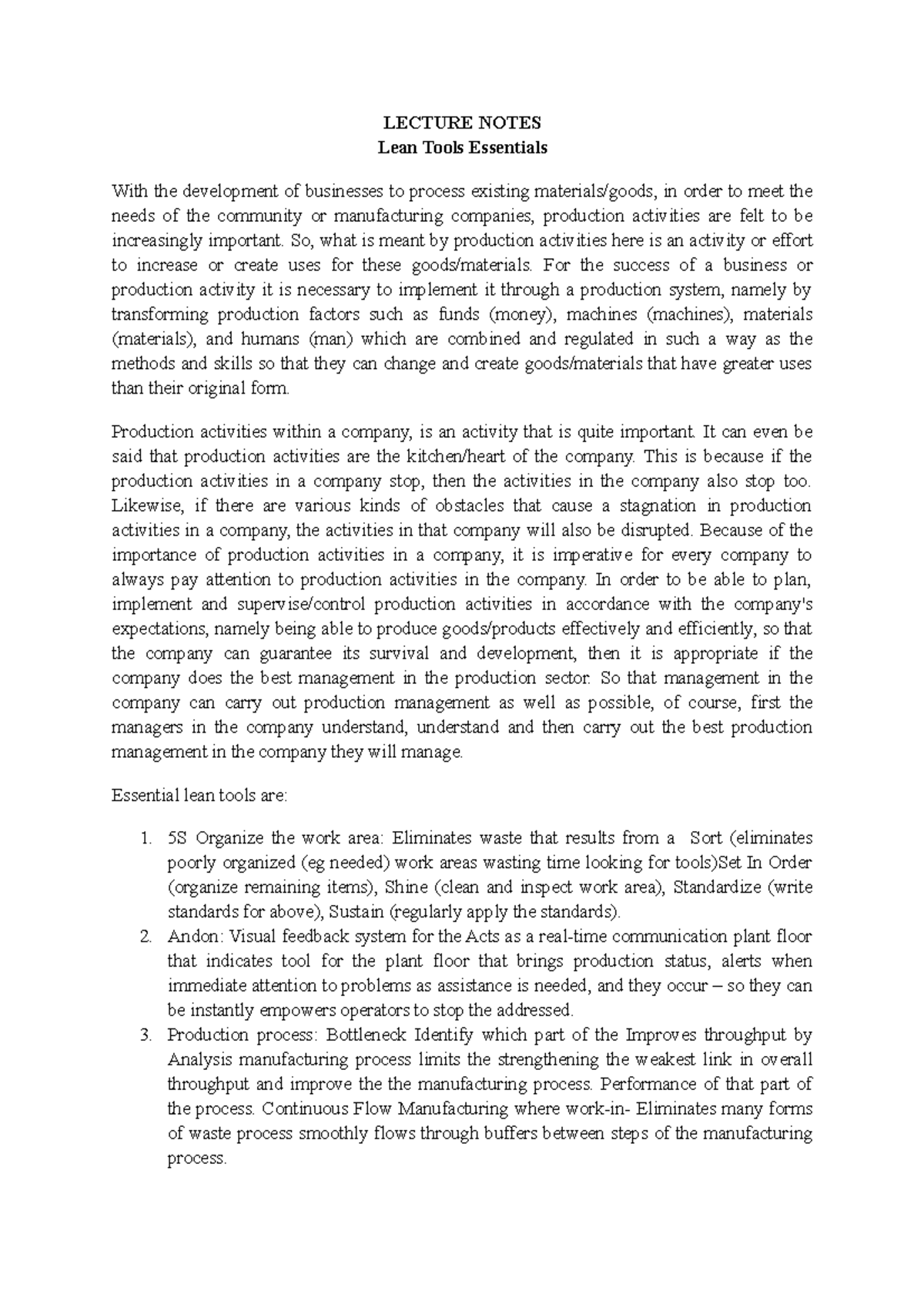 Production Management Essentials of Lean Tools - LECTURE NOTES Lean ...