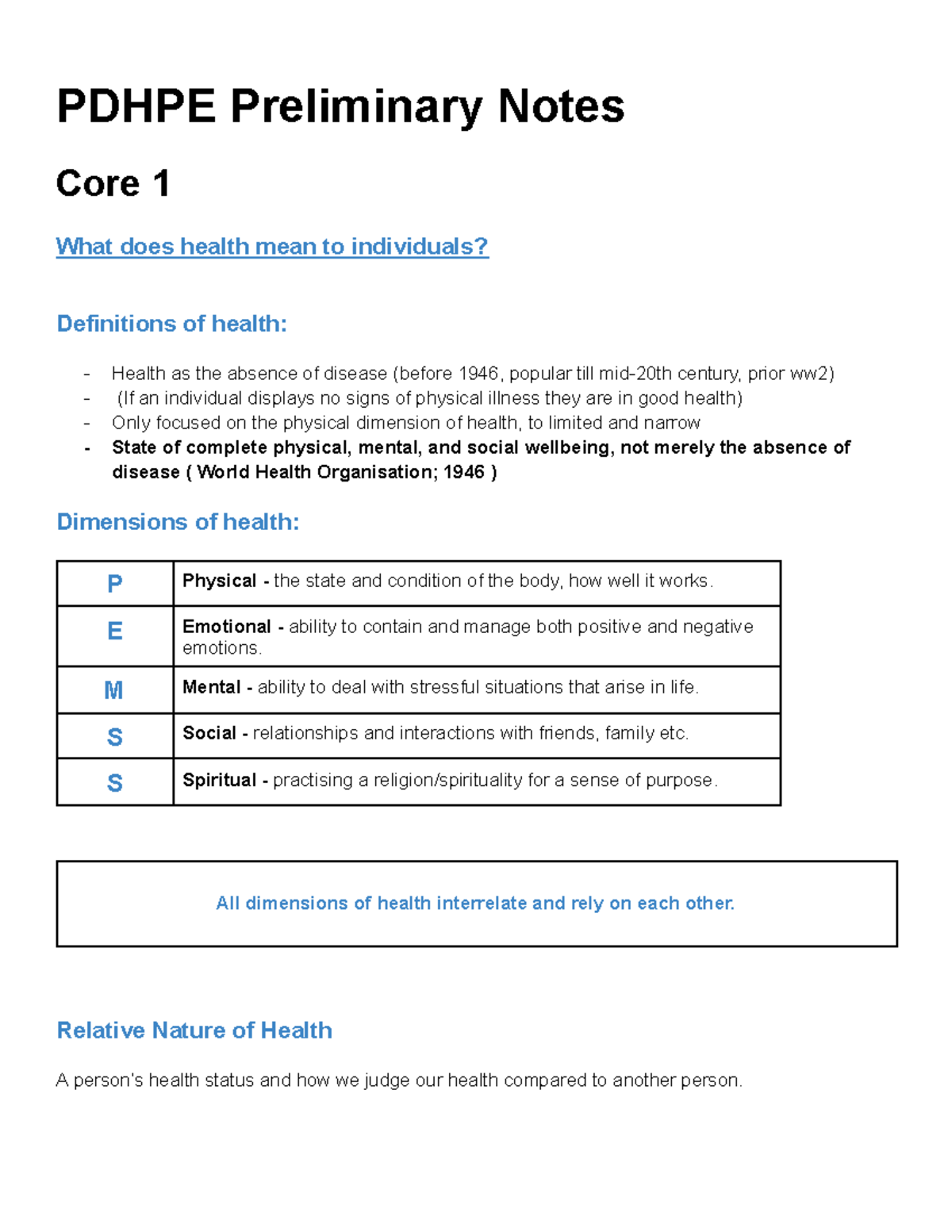 Pdhpe Prelim Notes - PDHPE Preliminary Notes Core 1 What does health ...