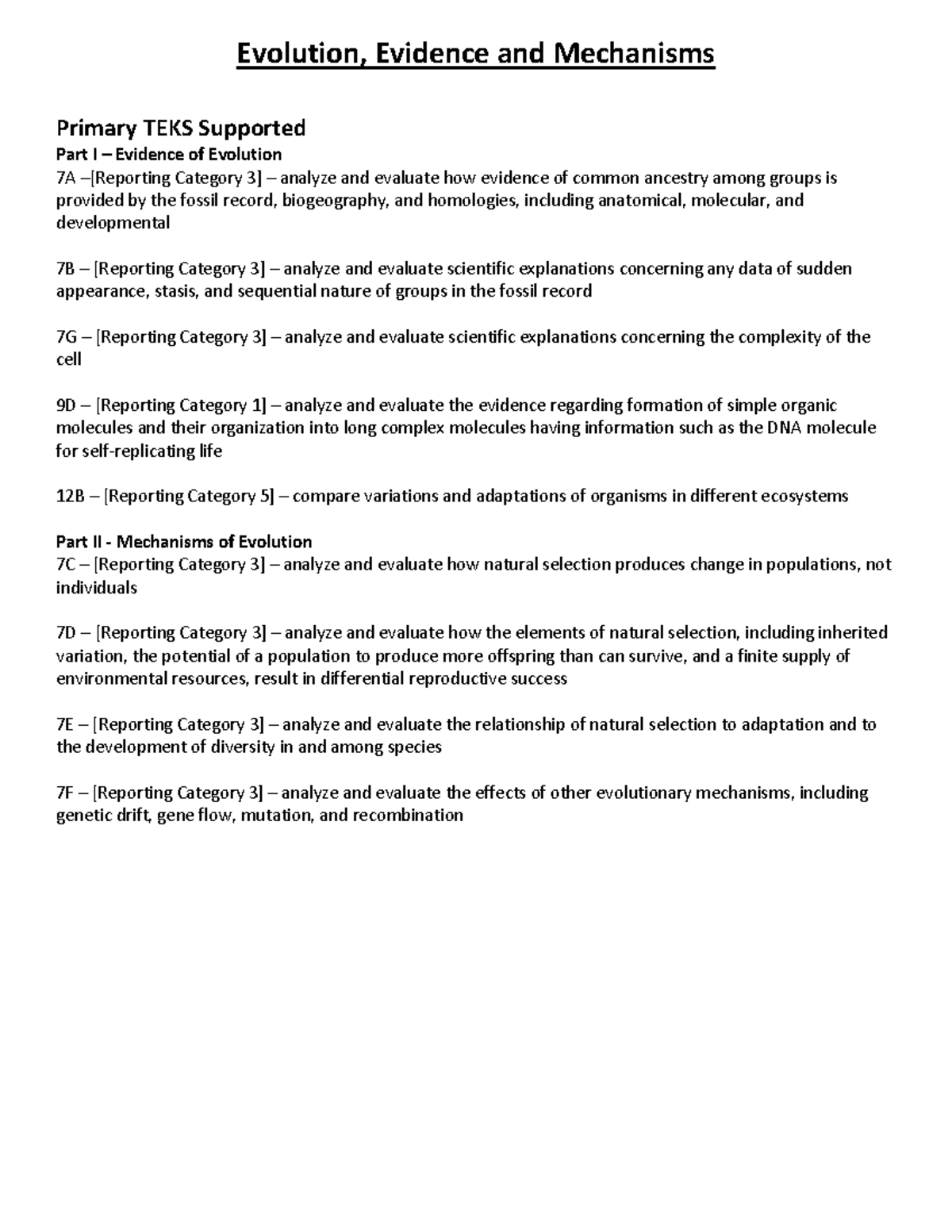 Evolution Guide - Evolution, Evidence and Mechanisms Primary TEKS ...