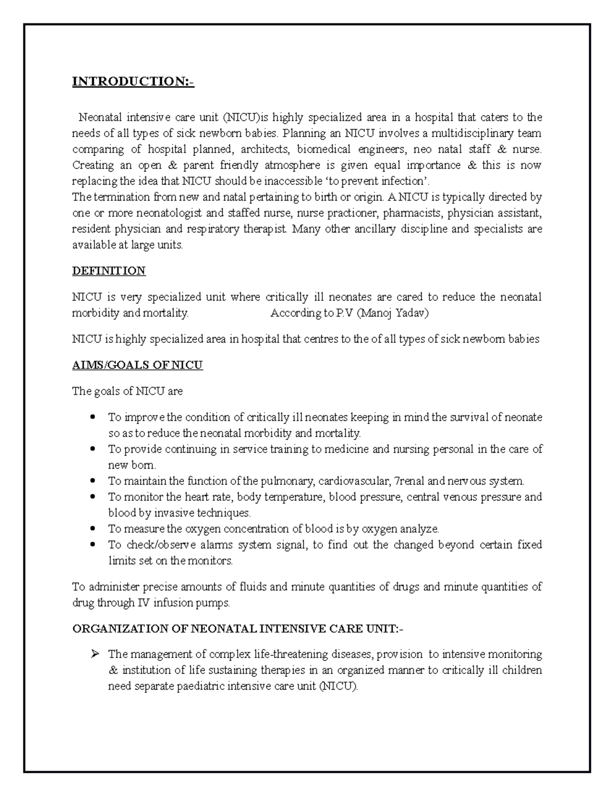 NICU - Assignment - INTRODUCTION:- Neonatal intensive care unit (NICU ...