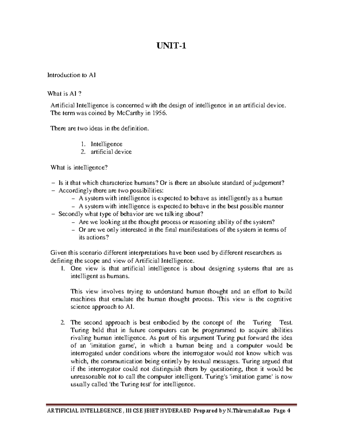 AI Notes III-I CSE removed - UNIT- Introduction to AI What is AI ...