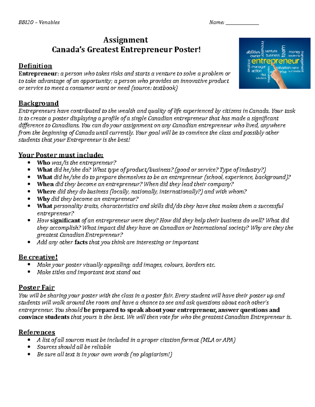 Assignment - Canadian Entrepreneur - BBI2O – Venables Name ...