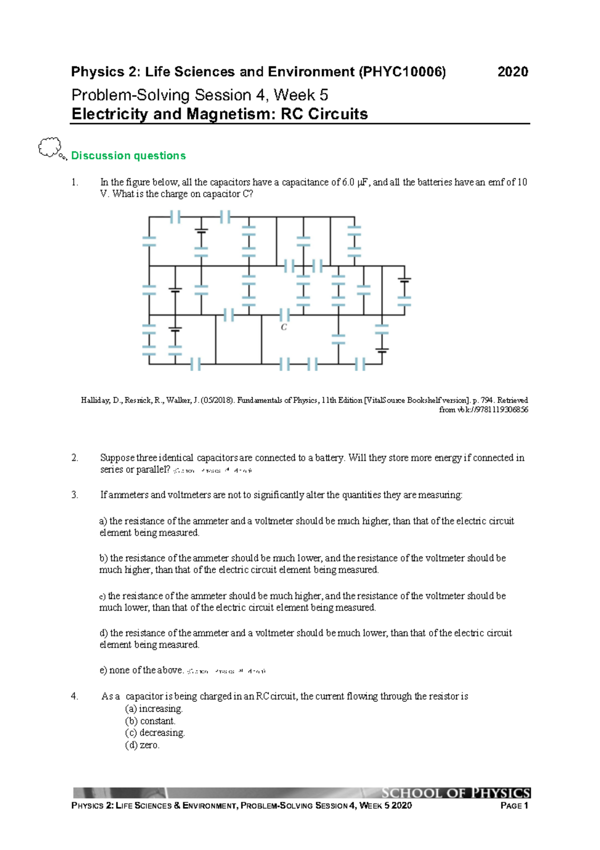PHYC10006 PSC 4 week 5 2020(RC circuit) - PHYSICS 2: LIFE SCIENCES ...