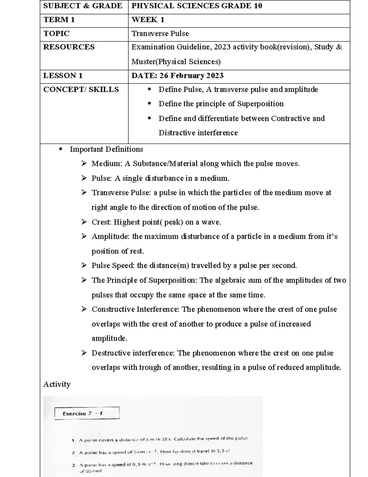 Wave, sound and light - SUBJECT & GRADE PHYSICAL SCIENCES GRADE 10 TERM ...
