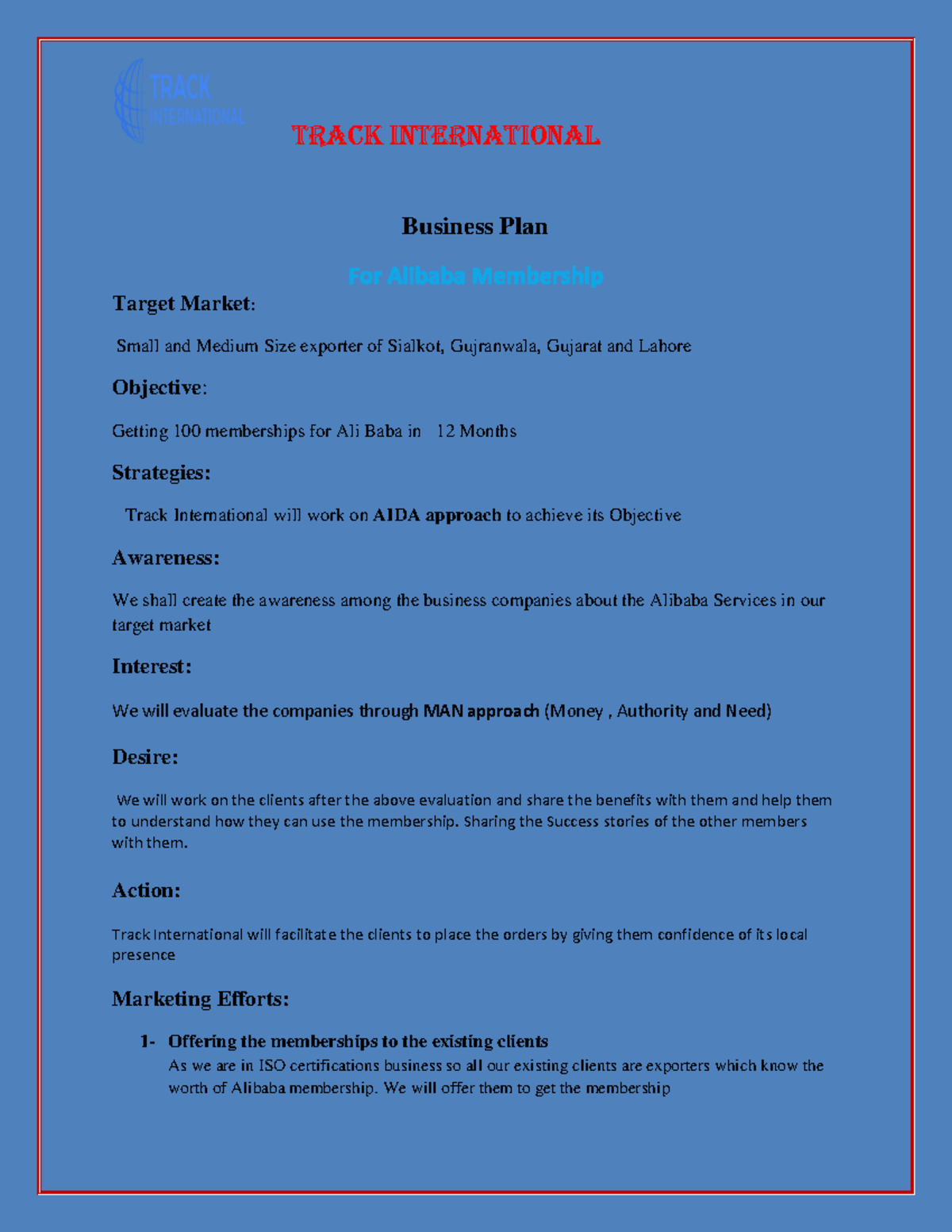 Business Plan - TRACK INTERNATIONAL Business Plan Target Market : Small ...