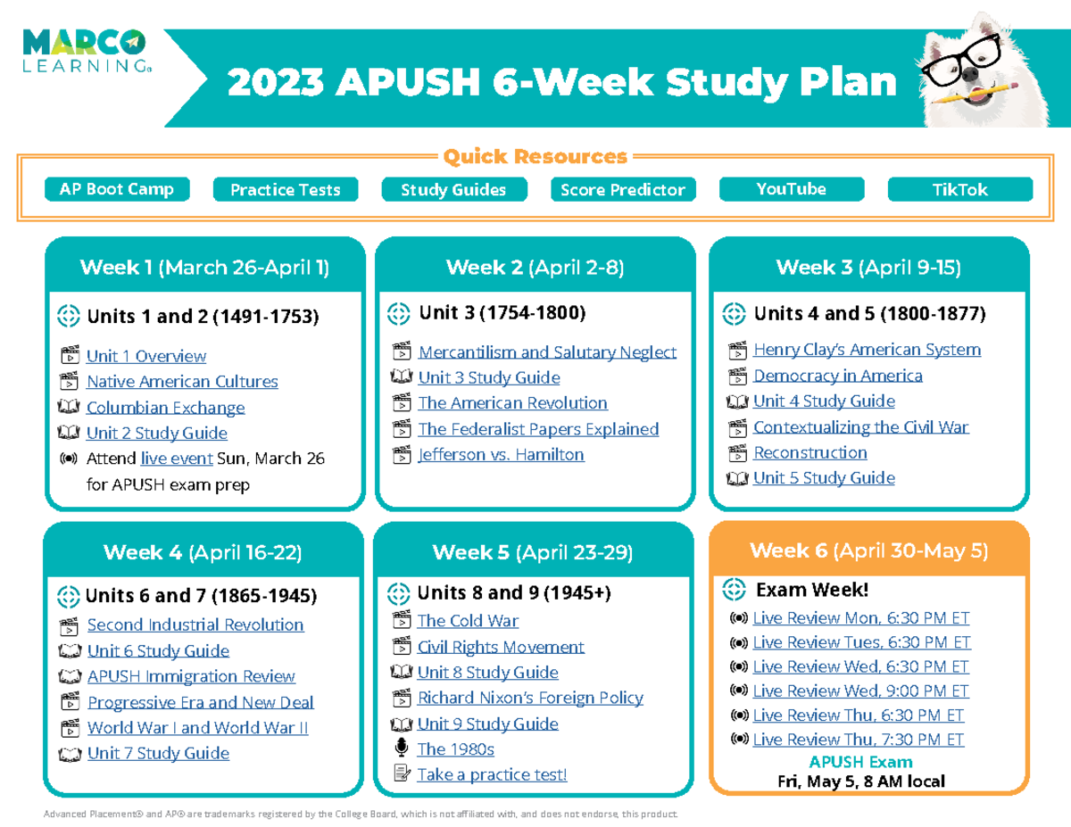 2023 Apush 6 week study plan - Week 1 (March 26-April 1) Units 1 and 2 ...