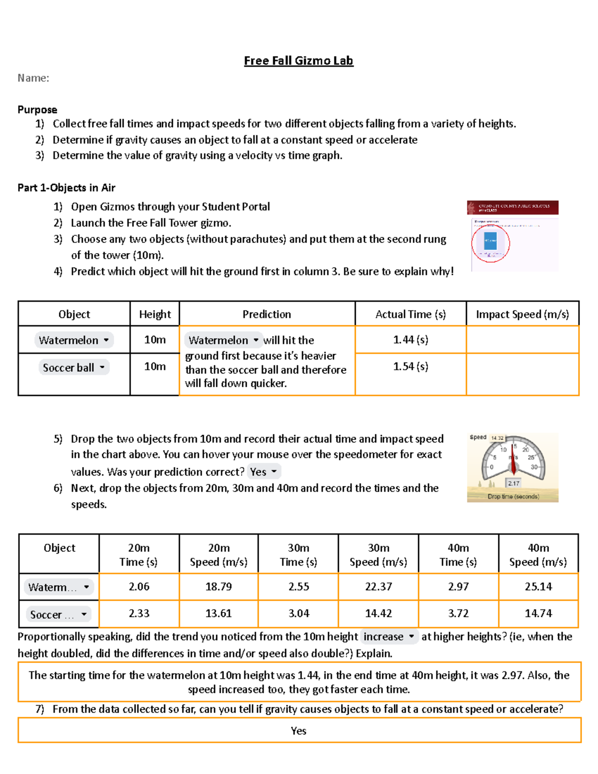 Copy of Free Fall Gizmo Lab - Free Fall Gizmo Lab Name: Purpose 1 ...