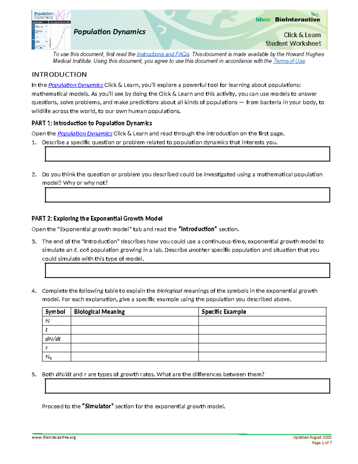HHMI Population Dynamics - Click & Learn Student Worksheet To use this ...