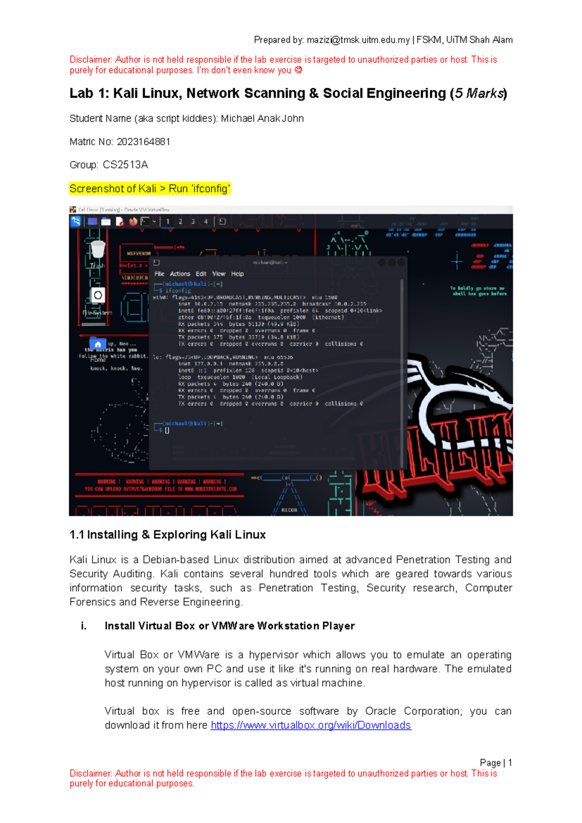 Lab 1 - Kali Linux, Network Scanning Social Engineering - Disclaimer ...