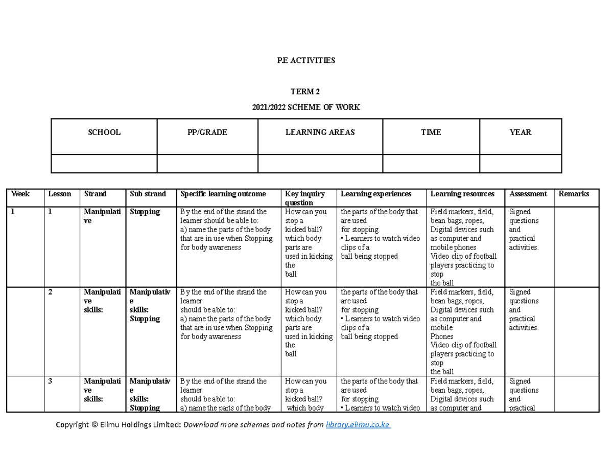 2021 2022 grade 2 physical education schemes of work term 2 29 21 sep ...