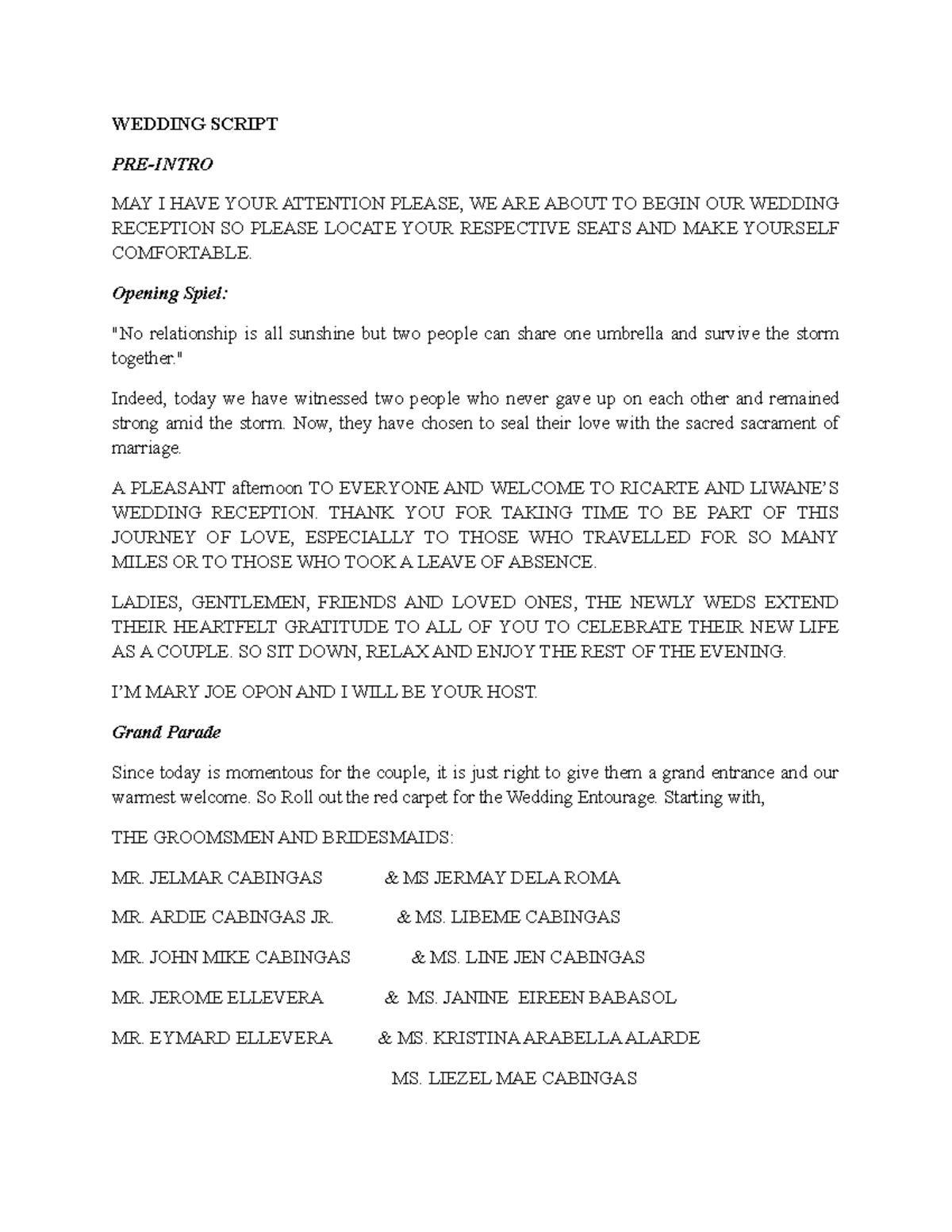 Wedding Script - This will serve as a template and format for TCM ...