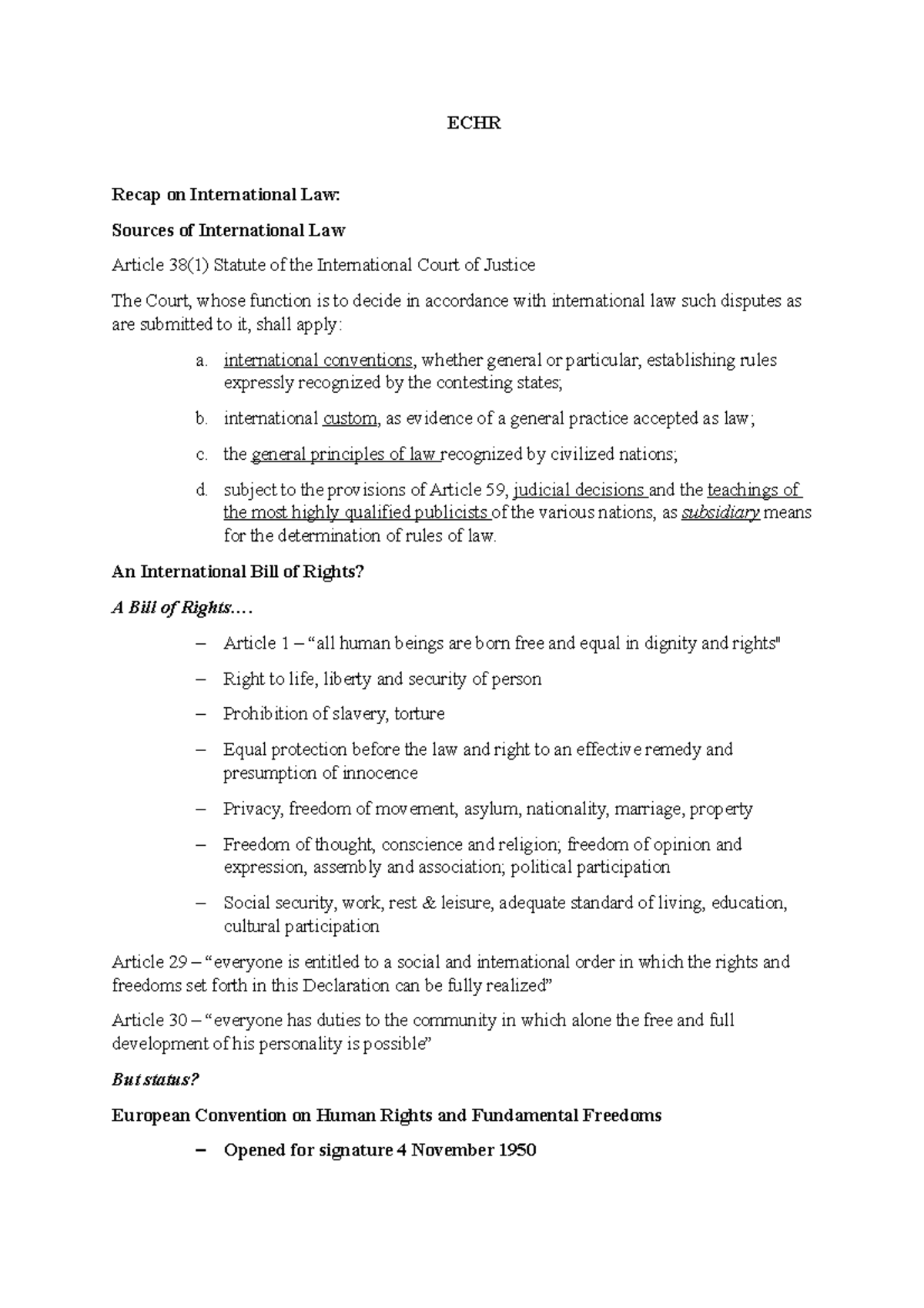 ECHR - Lecture notes on the ECHR by David Fennelly - ECHR Recap on ...