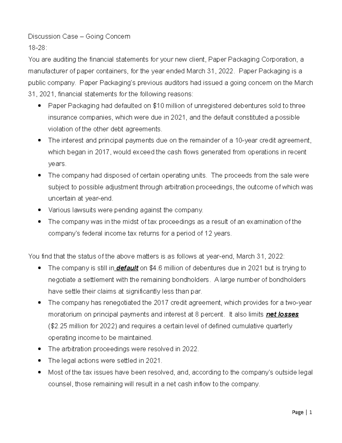 A2 Going Concern (18-28) - Discussion Case – Going Concern 18-28: You ...