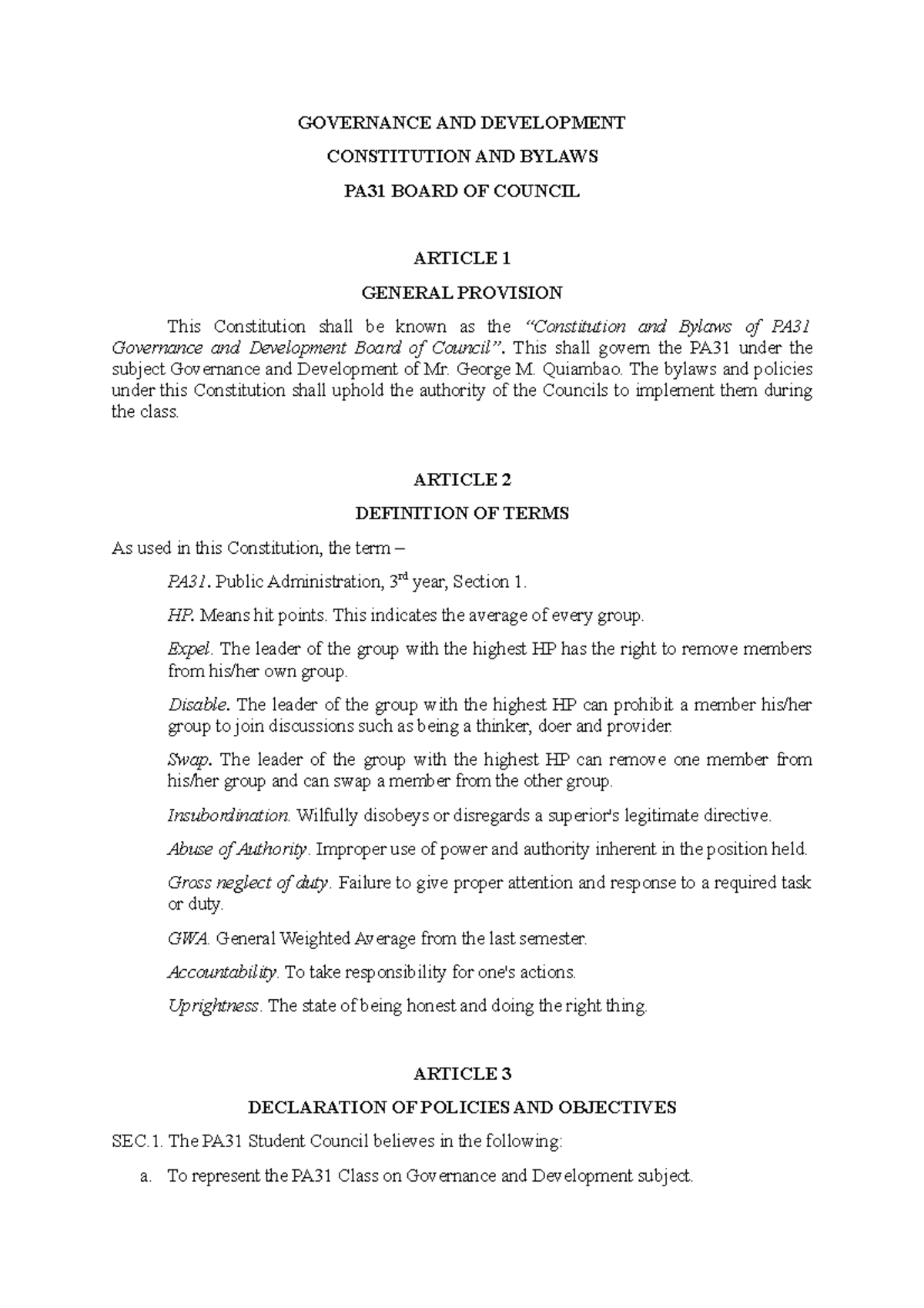 Final Revision PA31 Bylaws - GOVERNANCE AND DEVELOPMENT CONSTITUTION ...