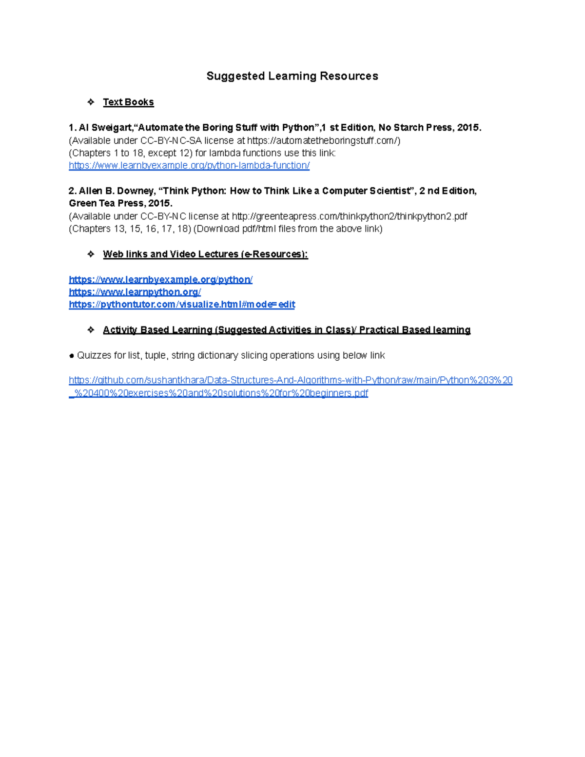 Notes Module 1 Python Programming Suggested Learning Resources Text