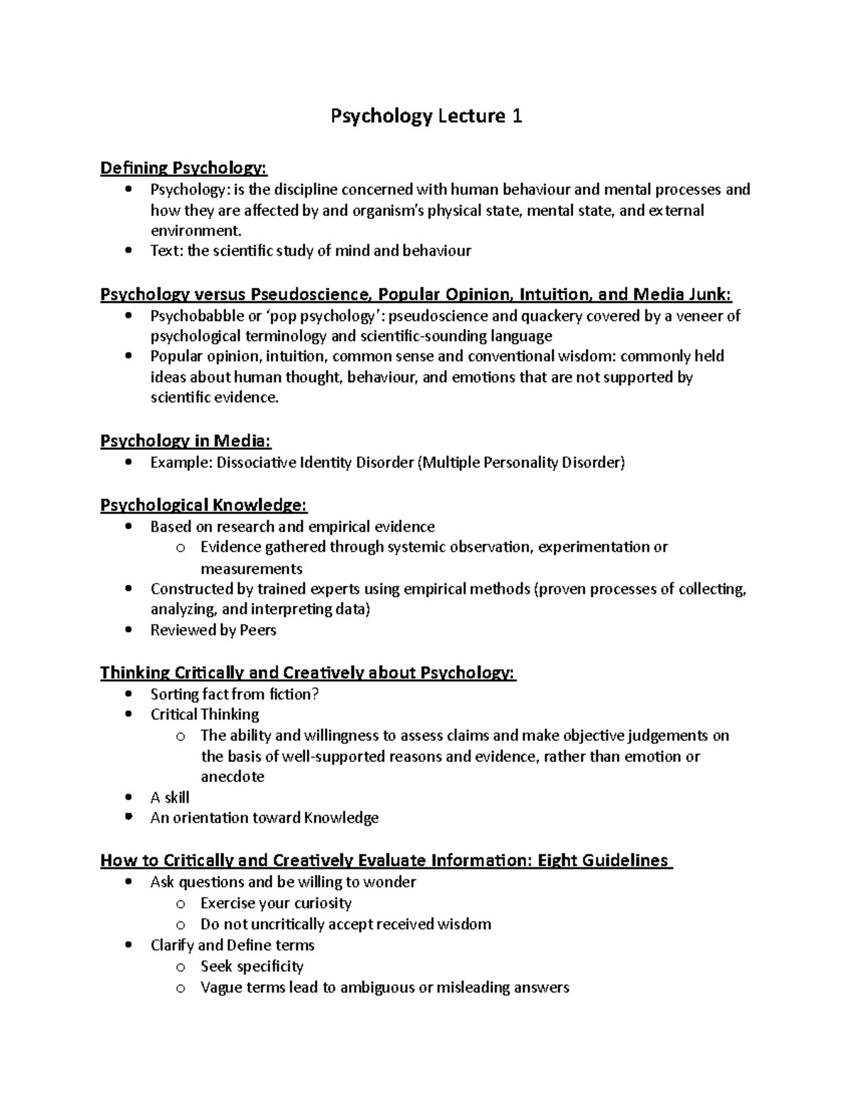 Psychology Lecture 1 Notes - Psychology Lecture 1 Defining Psychology ...