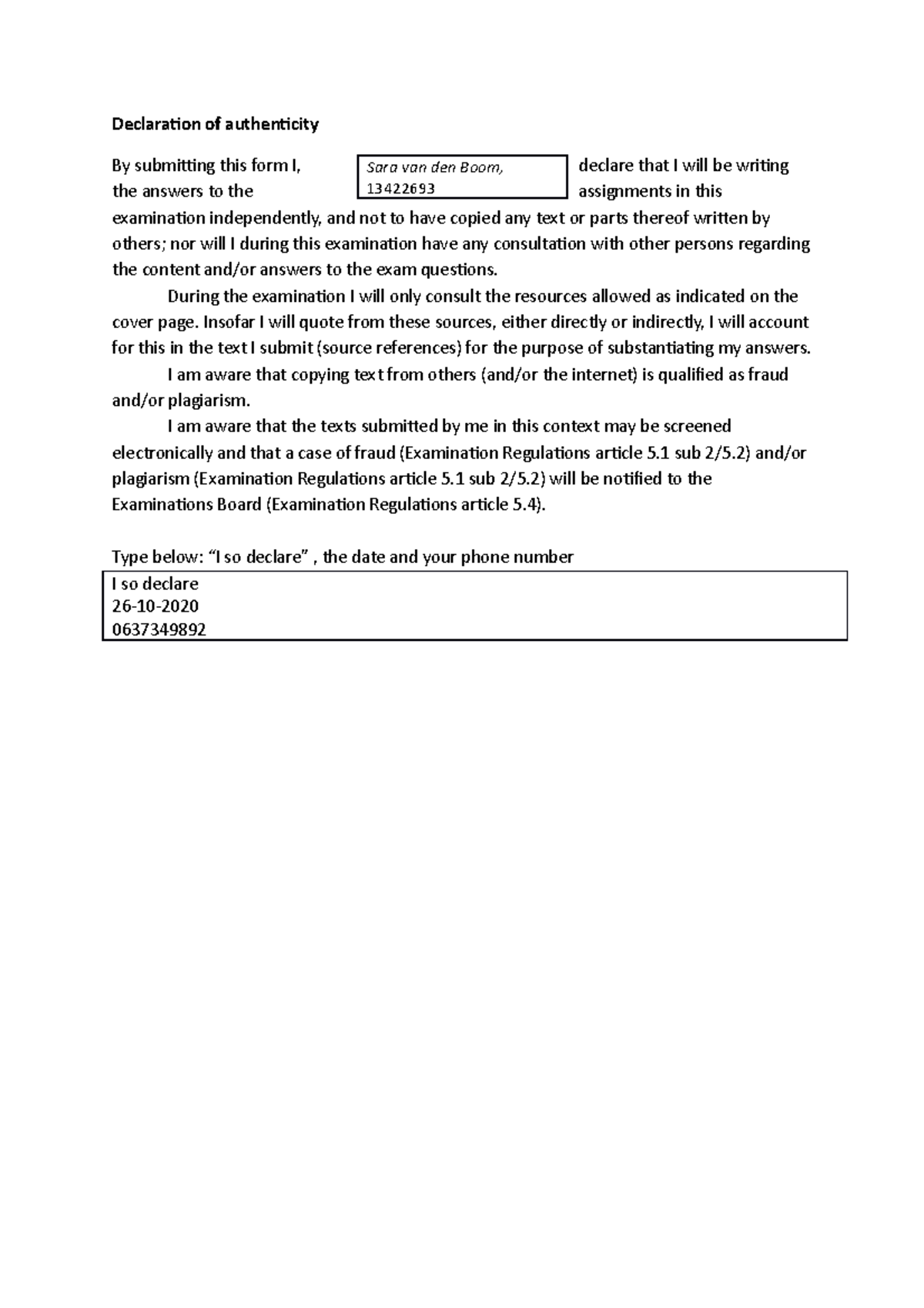 IHRL exam October 2020 Part I answer sheet - Declaration of ...