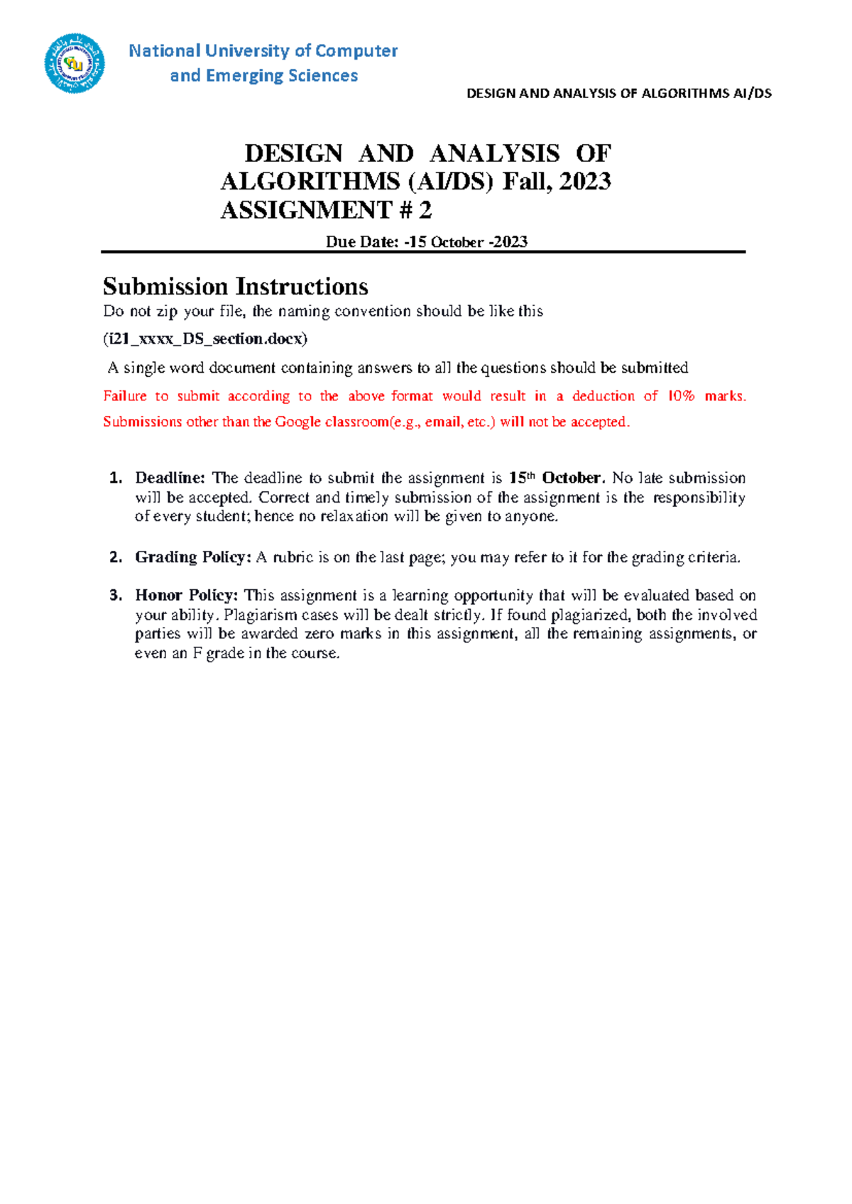 0111 AI-K - and Emerging Sciences DESIGN AND ANALYSIS OF ALGORITHMS AI/DS DESIGN AND ANALYSIS OF ...